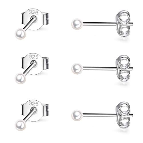 Sterling Silver Stud Earrings for Women- 3 Pairs of 2mm Tiny Pearl Earrings Set Cartilage Small Tragus Earrings Nose Lip Rings, Silver