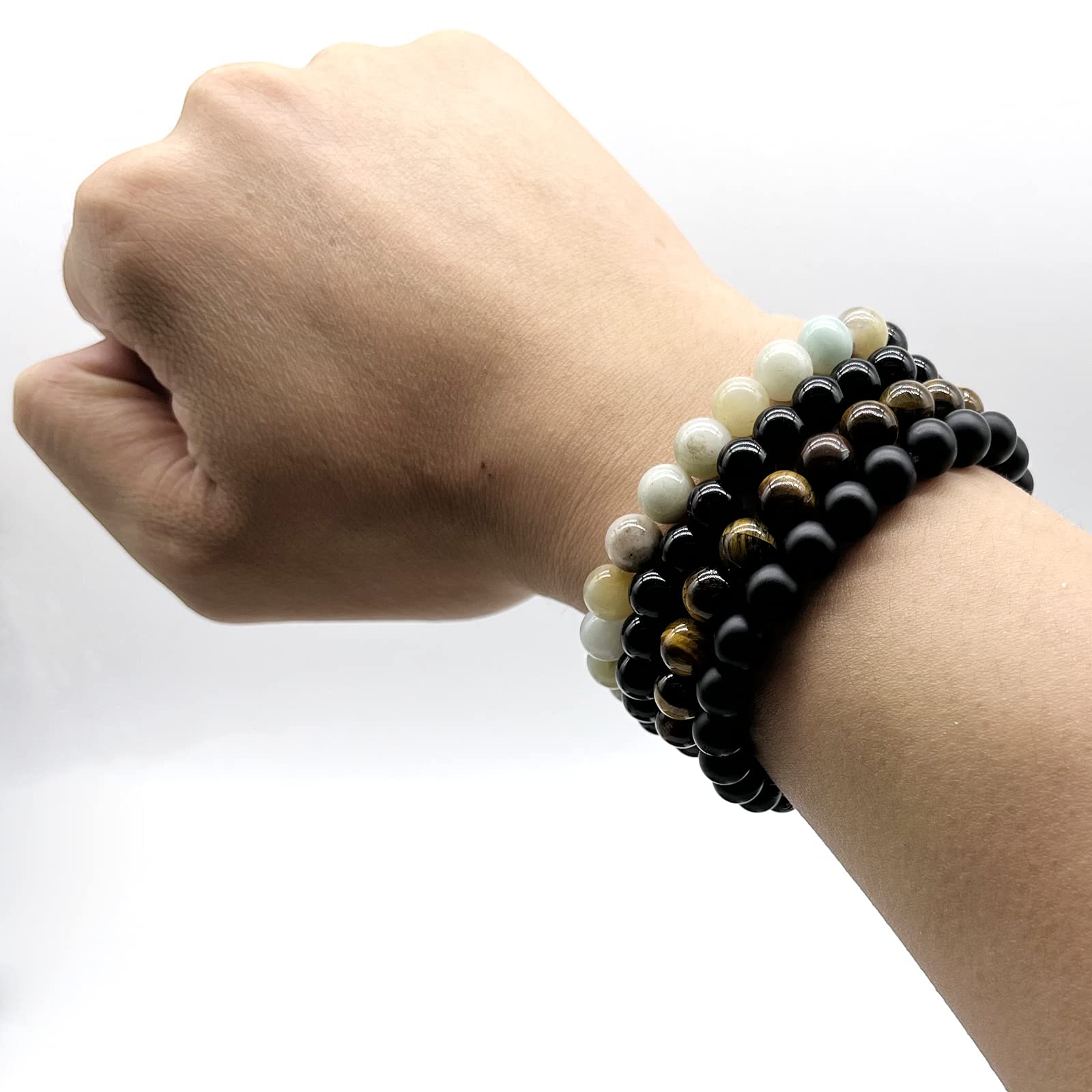 SROBENZ 14 Pcs 8mm Gemstone Crystal Beaded Bracelets for Men Women Stone Healing Bead Semi-Precious Stretch Round Bead Bracelets Unisex