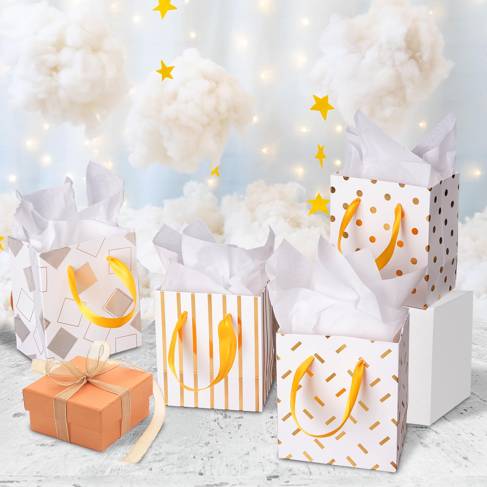 Plauthus 16 Pack Mini Gift Bags with Handles & Tissue Paper, Cute Assorted Pattern Small Gift Bags for Christmas, Holiday, Wedding, Baby Shower, Birthday Party (Gold & White-4.5β x4β x2.75β)