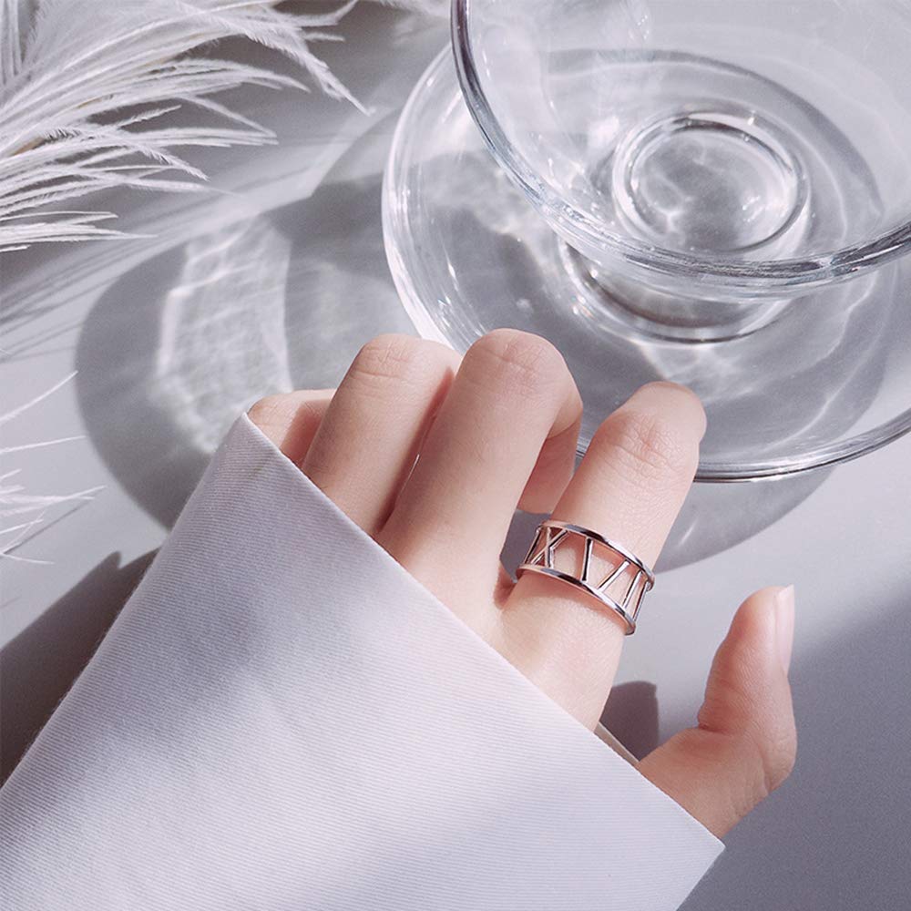 Roman Numerals Band Ring 925 Sterling Silver Adjustable Minimalist Open Finger Wedding Rings for Women Girls Men