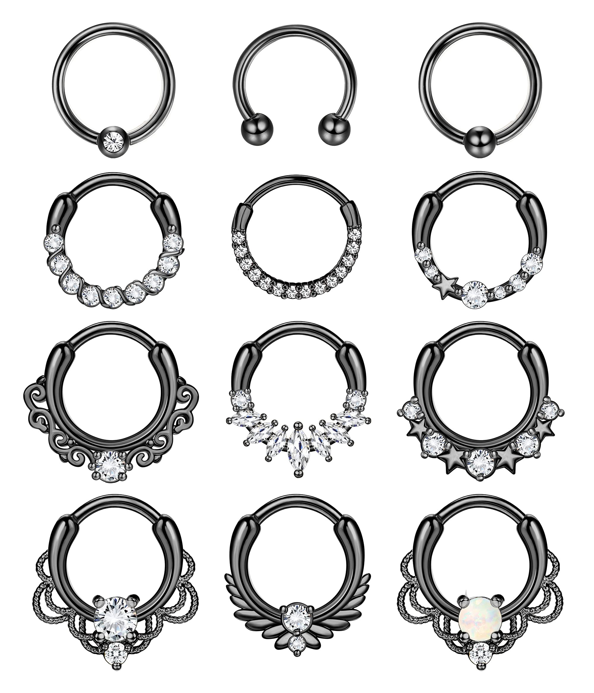 Ubjuliwa 12pcs Septum Jewelry 16g Daith Earrings Hinged Hoop Nose Rings Septum Clicker Cz Stainless Steel Cartilage Earring Helix Tragus Daith Piercing Jewelry 8mm Black