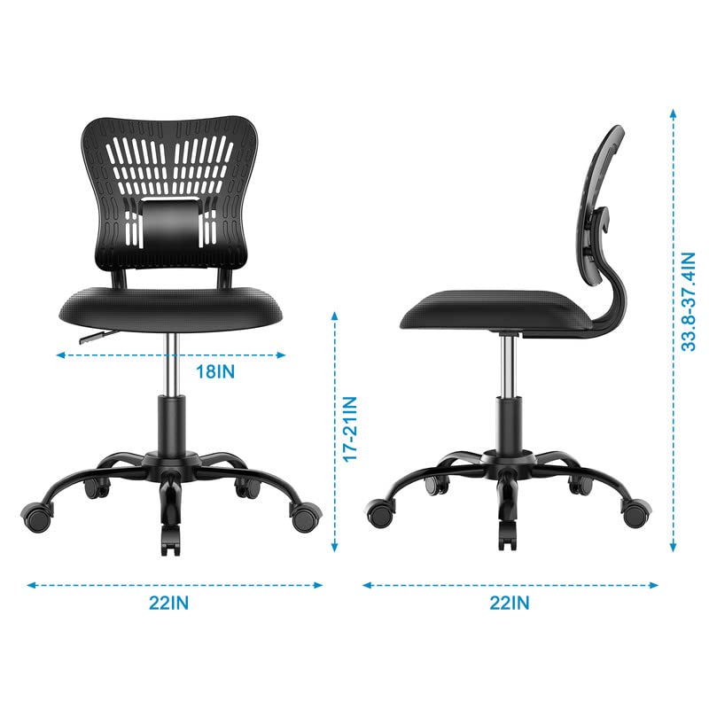 PALONE Desk Chair Armless Office Chair Computer Home Office Middle-Back Mesh Task Swivel Rolling Adjustable Height Seat Chair No Arms for Small Space with Lumbar Support (Black)