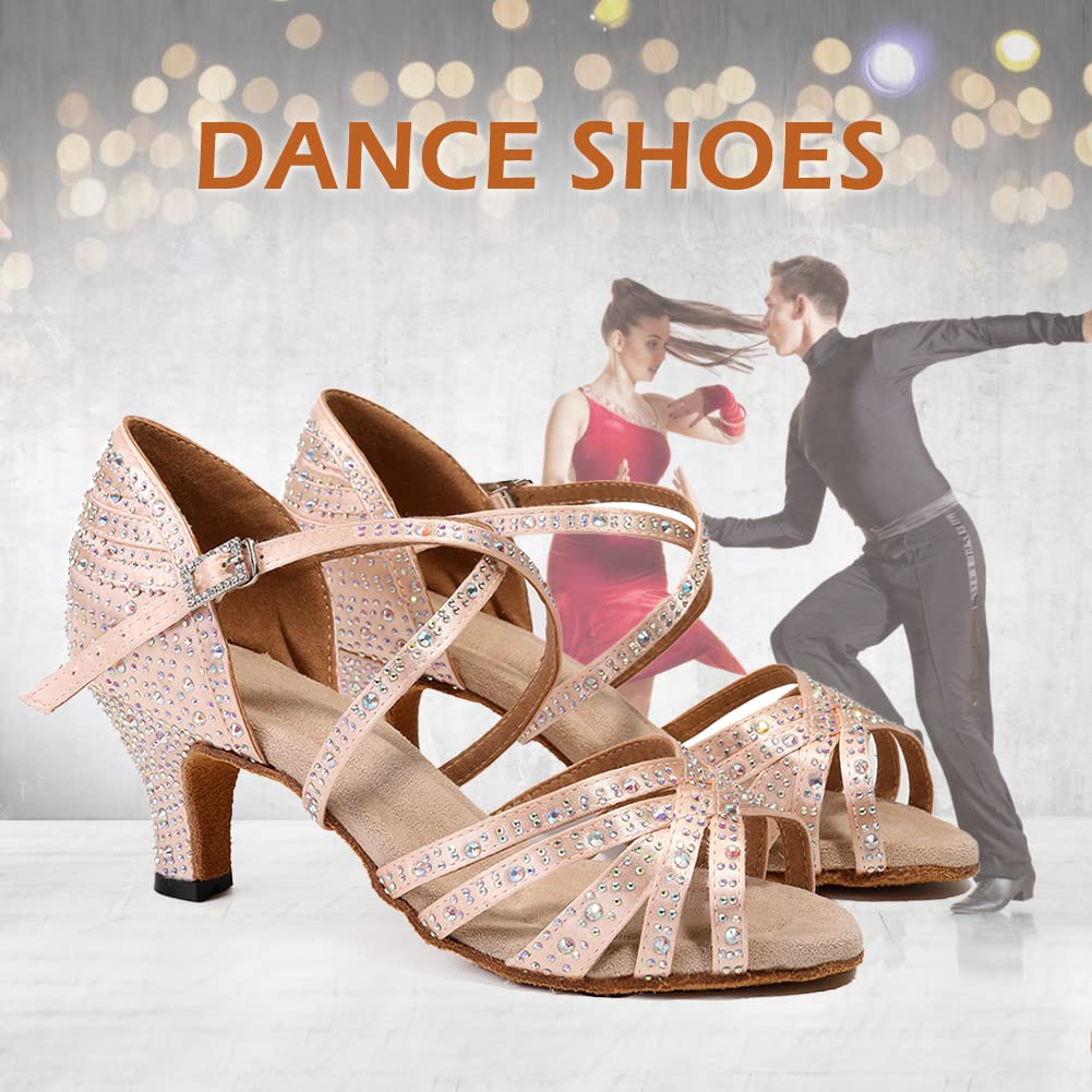 SWDZM Women's Rhinestone Dance Shoes Ballroom Latin Salsa Performance Practice Dancing Shoes,L377,Pink,Heel 2 1/3'',US 9