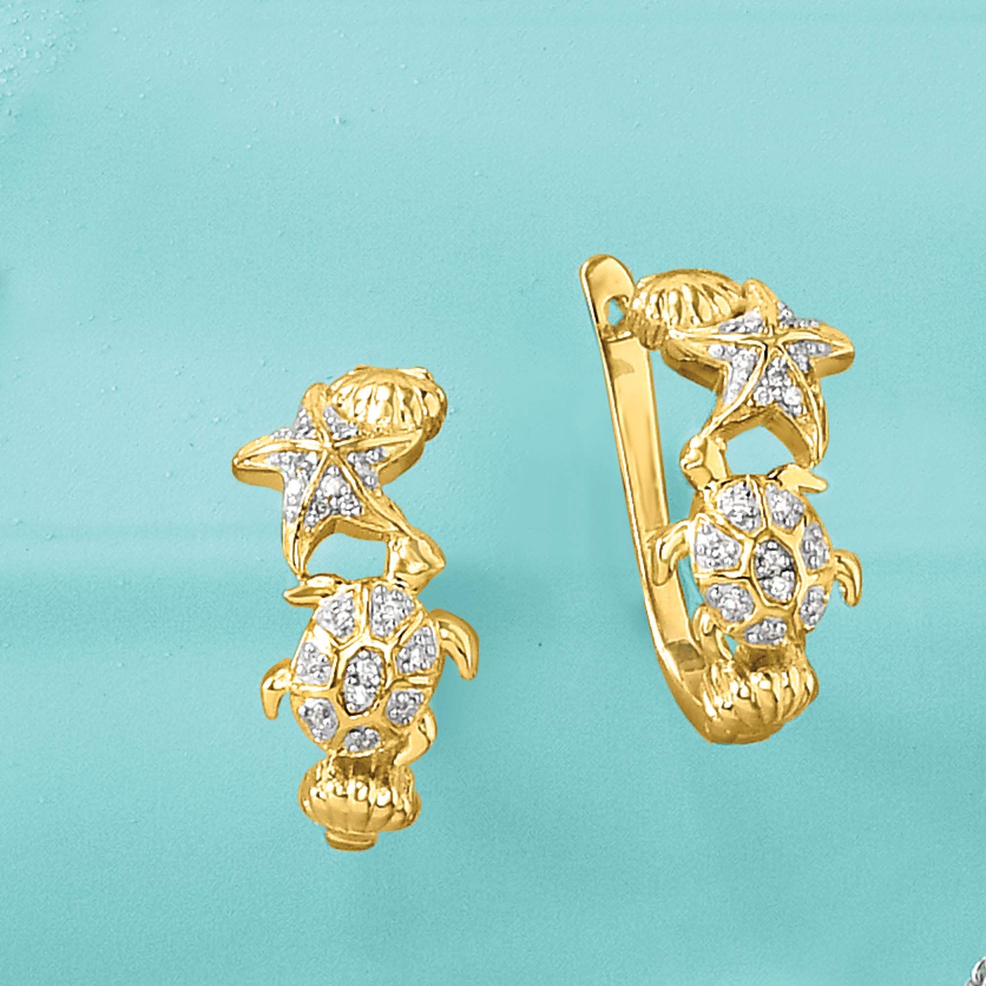 Ross-Simons 0.10 ct. t.w. Diamond Sea Life Hoop Earrings in 18kt Gold Over Sterling