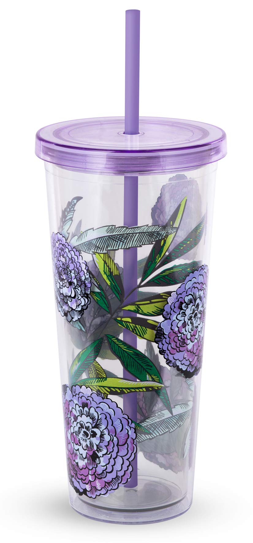 Vera Bradley Travel Tumbler with Lid and Straw, 24 Ounce Insulated Cup, Purple Floral Plastic Double Wall Tumbler, Lavender Meadow