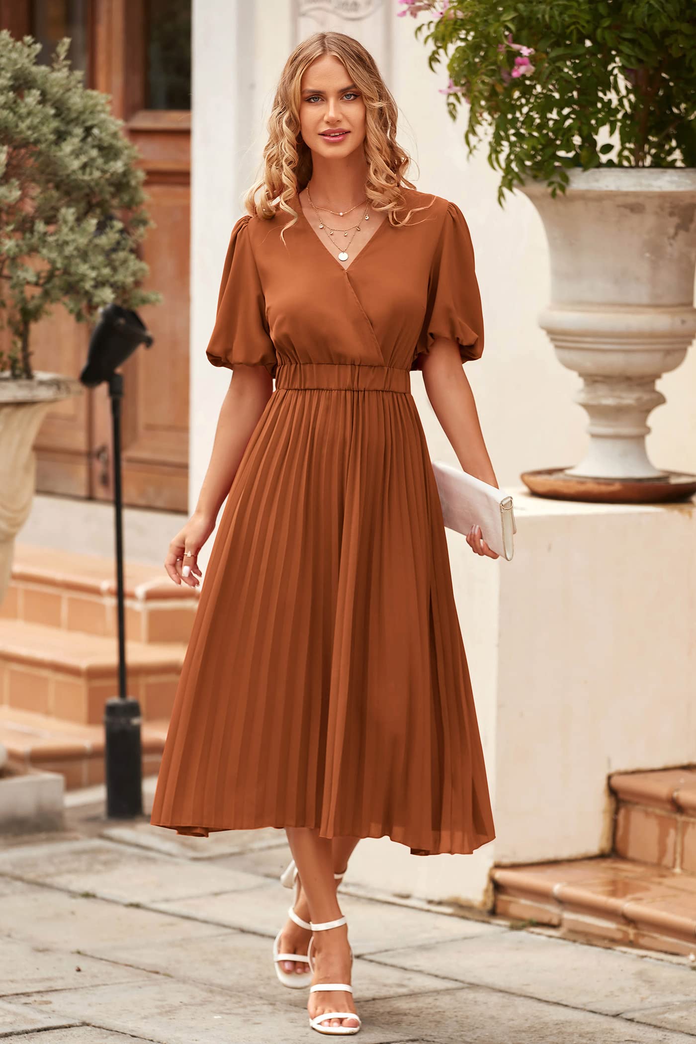 PRETTYGARDEN Women's Summer Pleated Midi Dress Wrap V Neck Puff Sleeve Casual Chiffon A Line Flowy Dresses (Brick Red,Large)