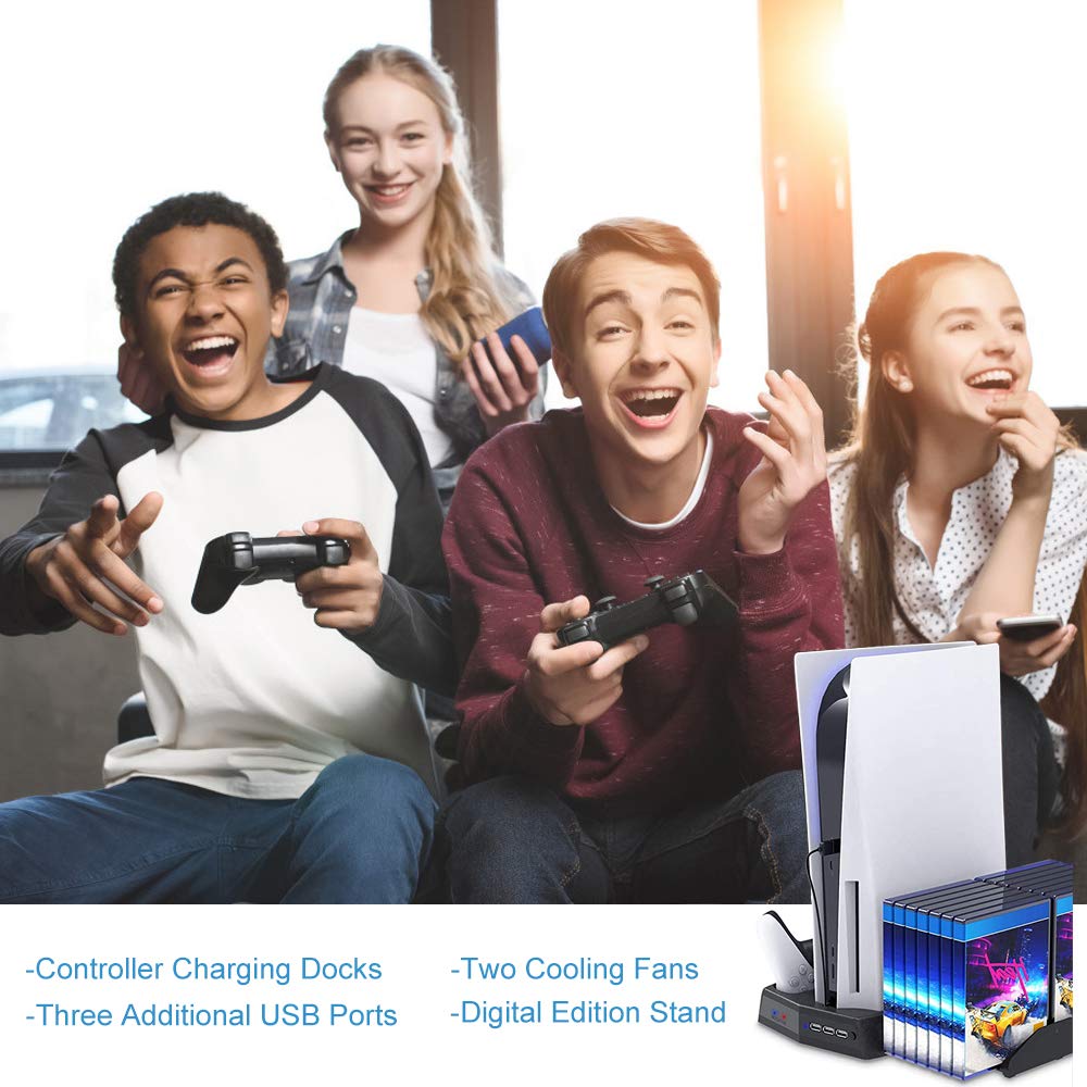 PS5 Vertical Stand Cooling Fan, Dual Controllers Charging Station, 14 Slots Game Storage and 3 Port USB Hub. The All-in-One Stand for Your PS5