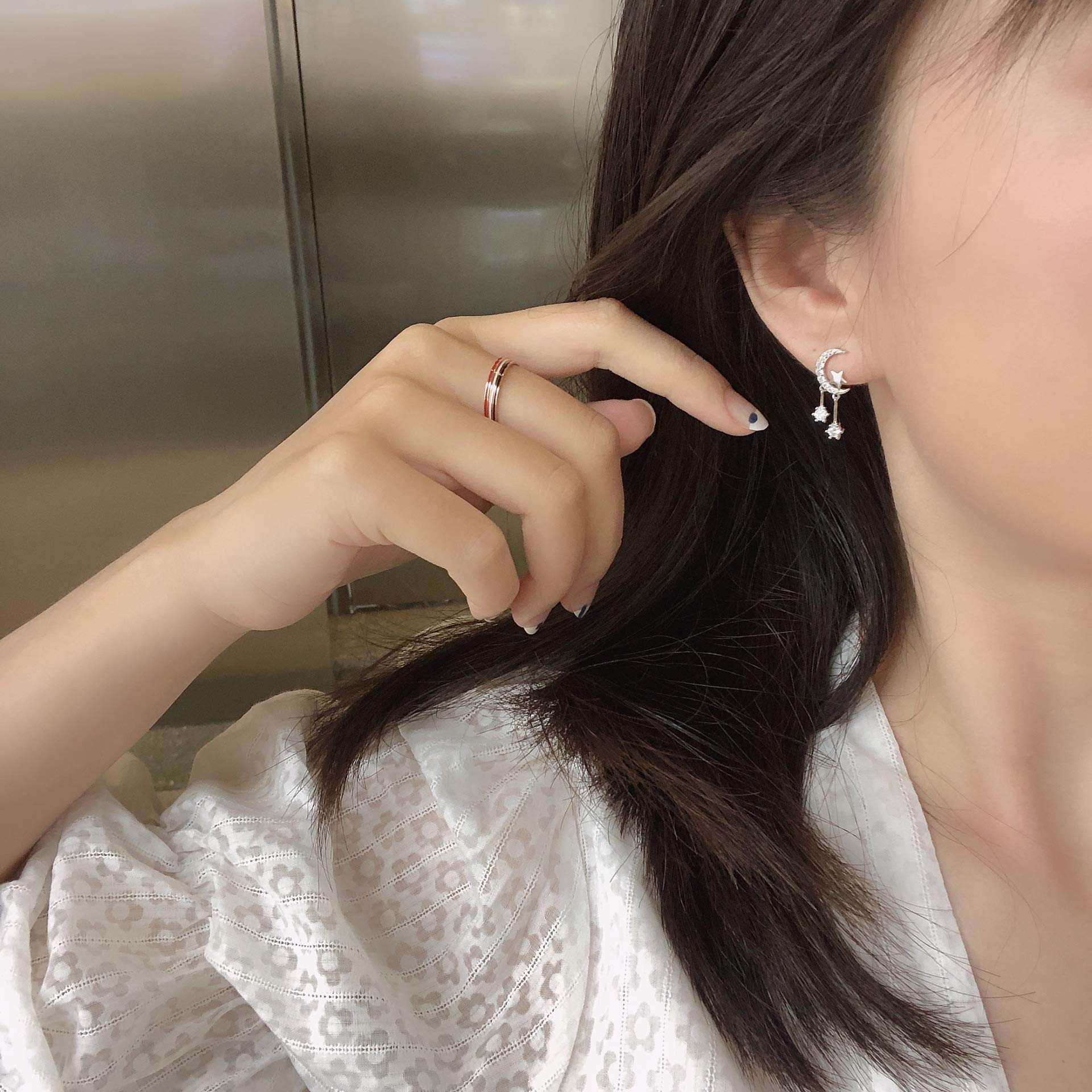 Reffeer 925 Sterling Silver Crescent Moon Star Earrings Studs for Women Teens Girls CZ Moon Studs Earrings Star Tassel Earrings (A-Silver)