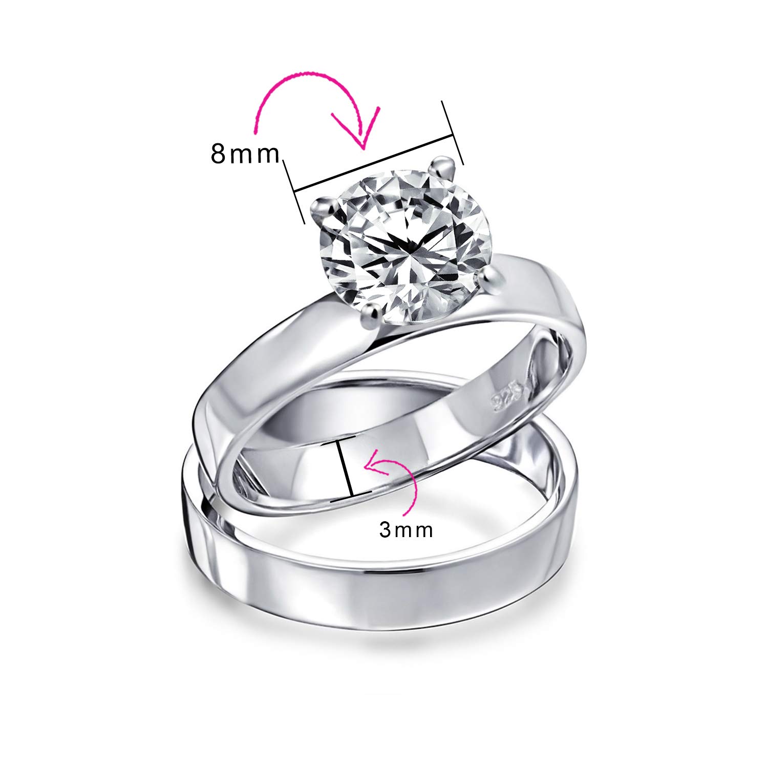 Personalize Classic Simple 2CT Cubic Zirconia Round Solitaire Wide Band AAA CZ Anniversary Engagement Wedding Ring Set For Women .925 Sterling Silver Customizable