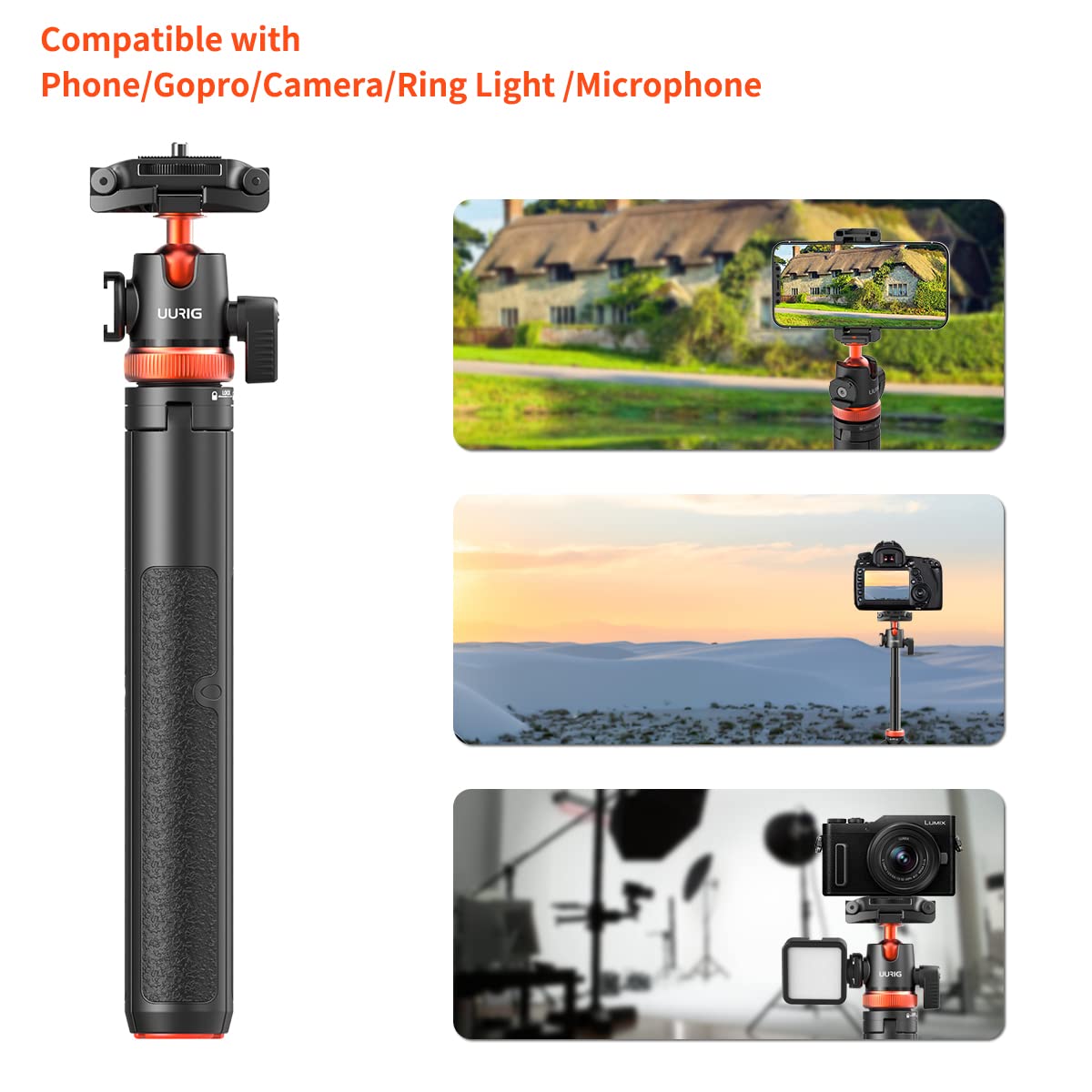 UURig Camera Tripod, 52 inch Extendable Phone Selfie Stick Camera Tripod Stand with 2 in 1 Phone Clip, 5 Levels Adjustment 360° Ball Head Loads Up for iPhone Sony Canon GoPro