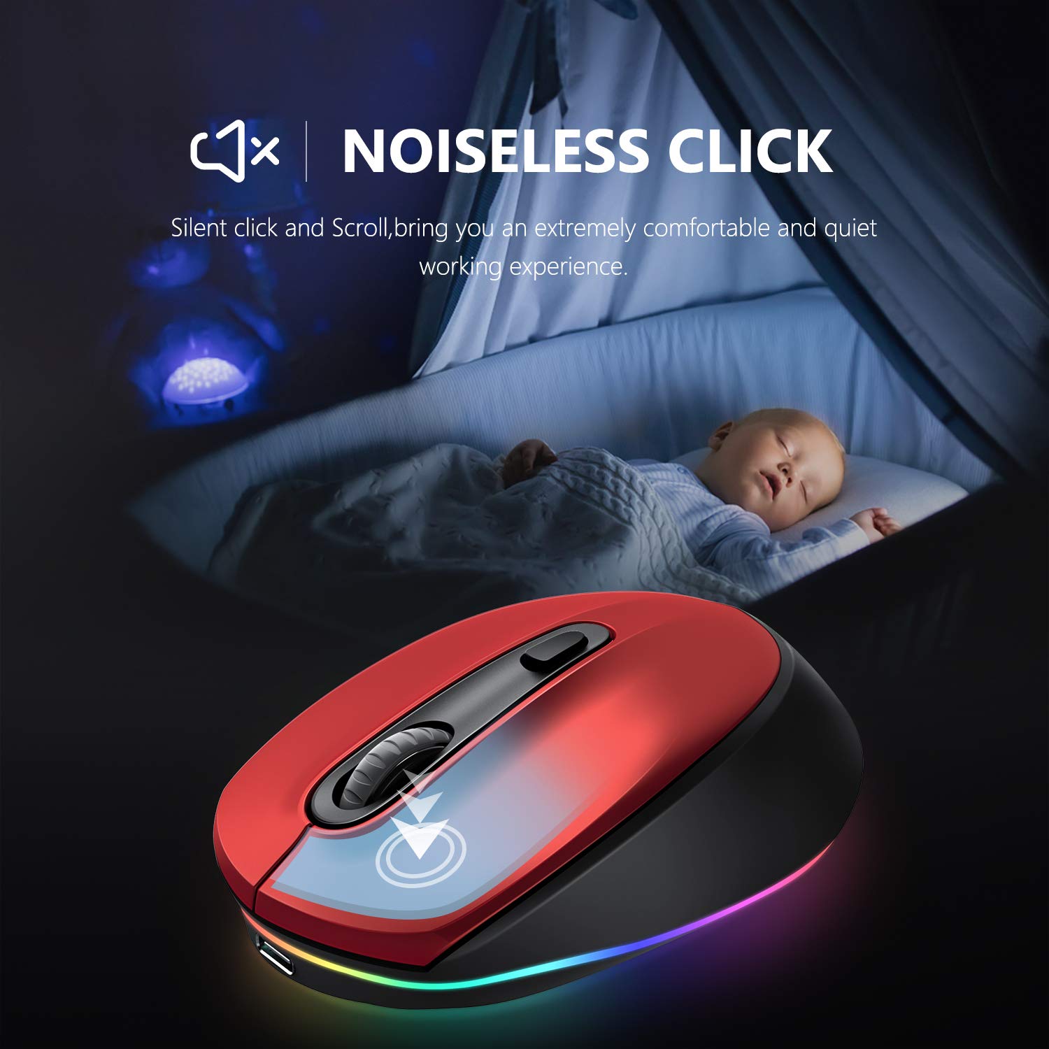 seenda Bluetooth Mouse - Ultra-Quiet, Rechargeable, Light-Up Wireless Mouse (Bluetooth 3.0/5.0+USB) for Computer, Laptop, Notebook, Kids' Chromebook, Mac, and Windows - Black and Red