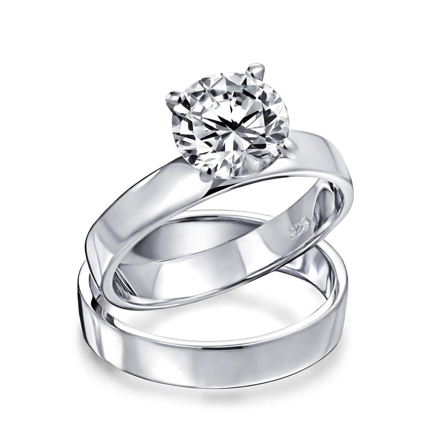 Personalize Classic Simple 2CT Cubic Zirconia Round Solitaire Wide Band AAA CZ Anniversary Engagement Wedding Ring Set For Women .925 Sterling Silver Custom Engraved