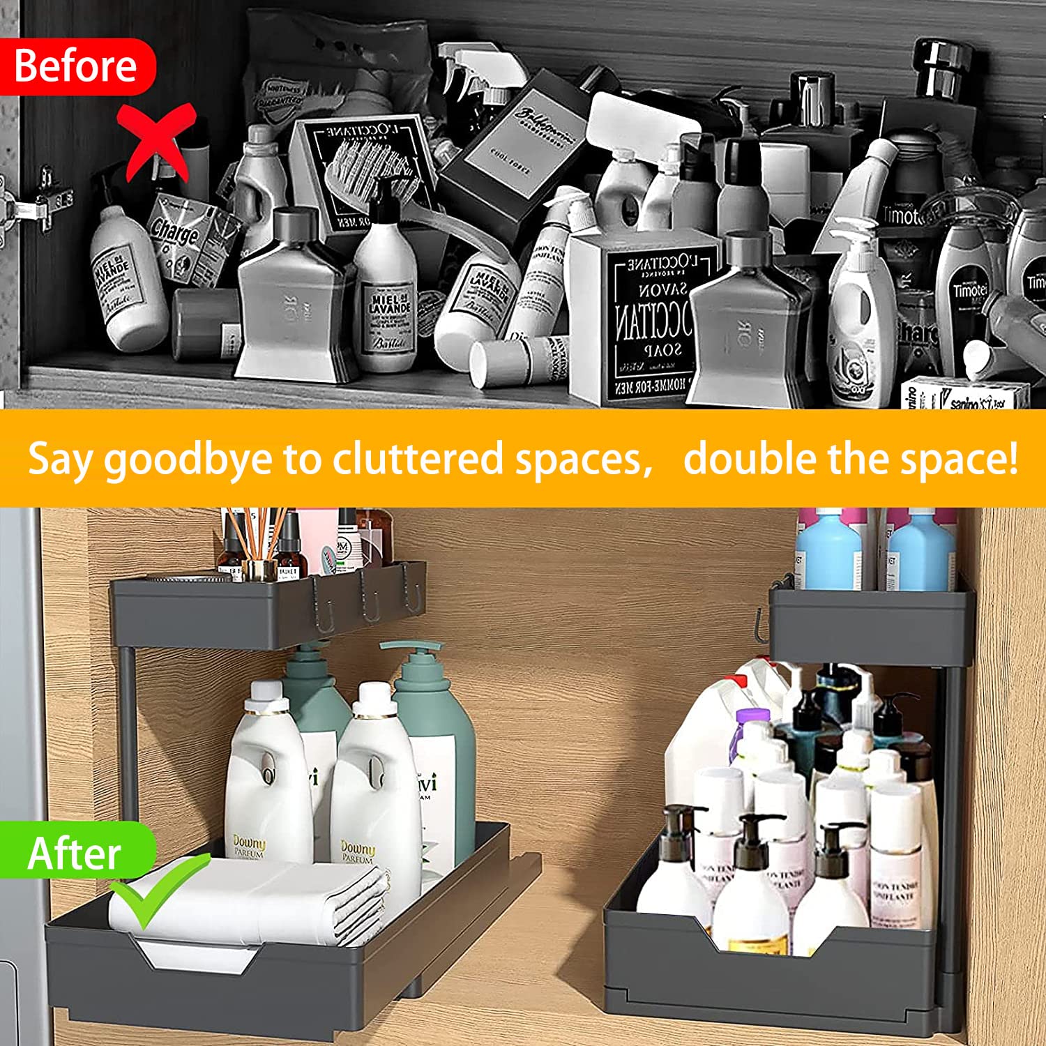 UWBGRT 2-Tier Under Sink Organizers and Storage π Pack Sliding L-Shape Bathroom Kitchen Cabinet Organizers with Hooks,Hanging Cups, Narrow Space Storage Multi-Purpose Sink Organizer