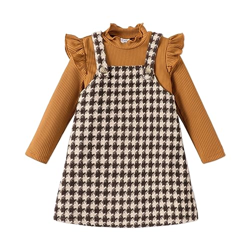 PATPAT Toddler Girl Ruffle Mock Neck Long Sleeve 2 Piece Houndstooth Spaghetti Strap Winter Fall Dress Brown 3 Years