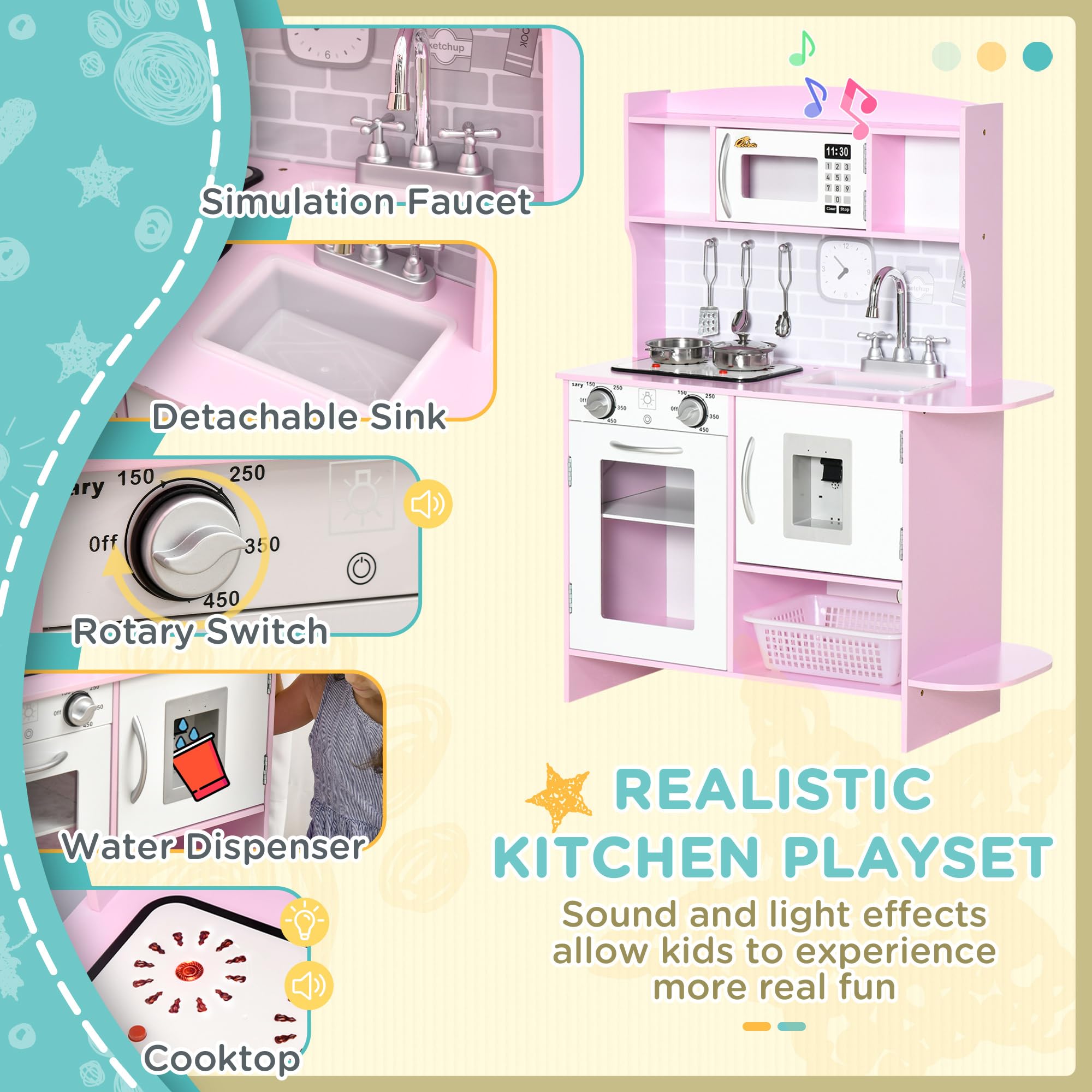 Qaba Pretend Play Kitchen Toy Set for Kids with Realistic Design, Stove Lights, Storage, Water Dispenser, for 3-6 Years Old, Pink