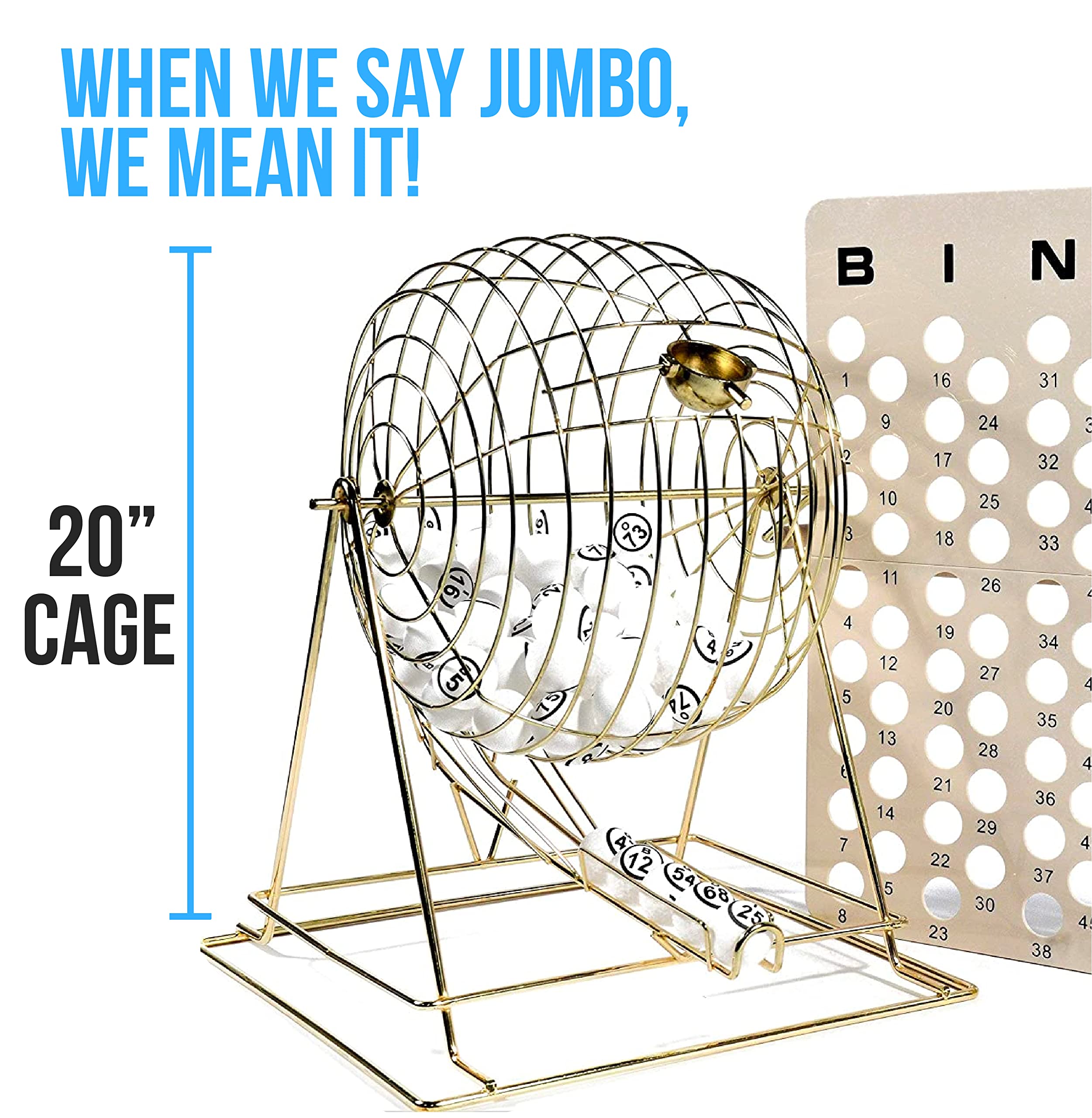 Regal Bingo - Jumbo Professional Bingo Cage - includes Brass Cage, 75 White Ping Pong Balls, Master Board - for Large Group Games, Game Night, Bingo Hall, & Holiday Activities - 16 in - Gold