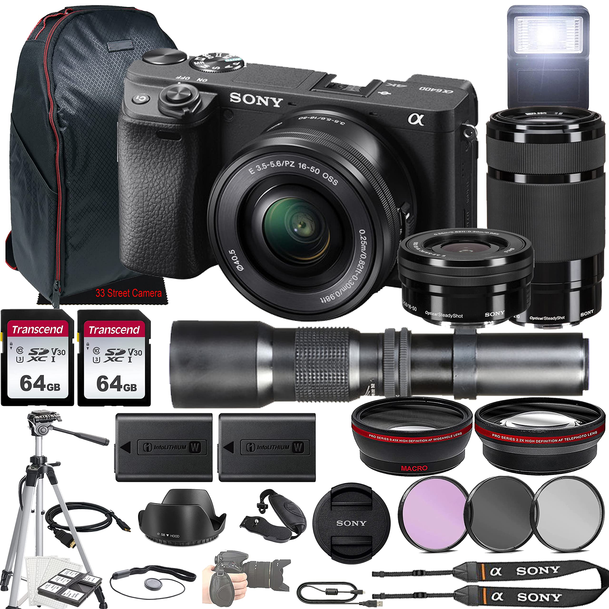 Sony a6400 Mirrorless Camera w/E PZ 16-50mm f/3.5-5.6 OSS Lens + E 55-210mm f/4.5-6.3 OSS Lens + 500mm f/8 Focus Lens + 2X 64GB Memory + Case + Filters + Tripod & More (35pc Bundle)