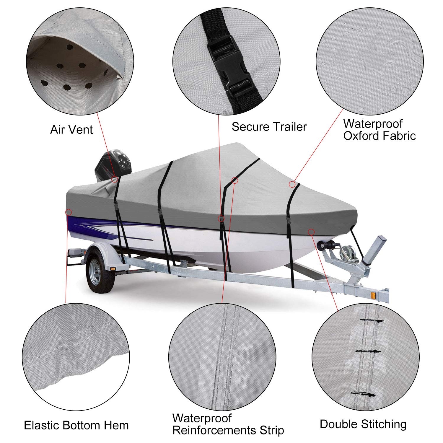 RVMasking Waterproof Polyester Trailerable Full Size Boat Cover for V-Hull Runabouts Outboards and I/O Bass Boats, Motor Cover Include (Gray, Length:17'-19' Beam Width: up to 96")