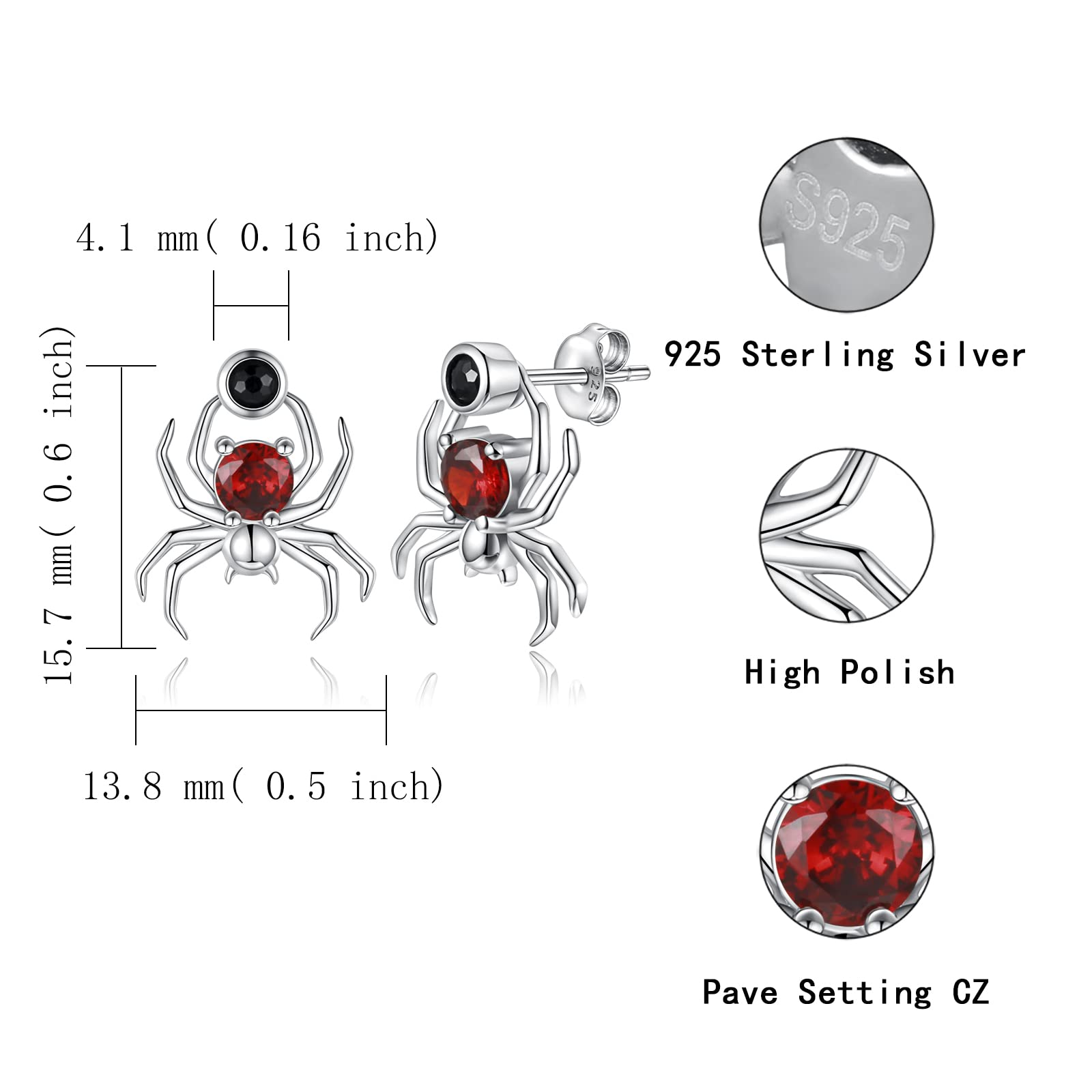 Sterling Silver Spider Stud Earrings Punk Red Cz Halloween Drop Dangle Earring Jewelry Gifts for Women (White)