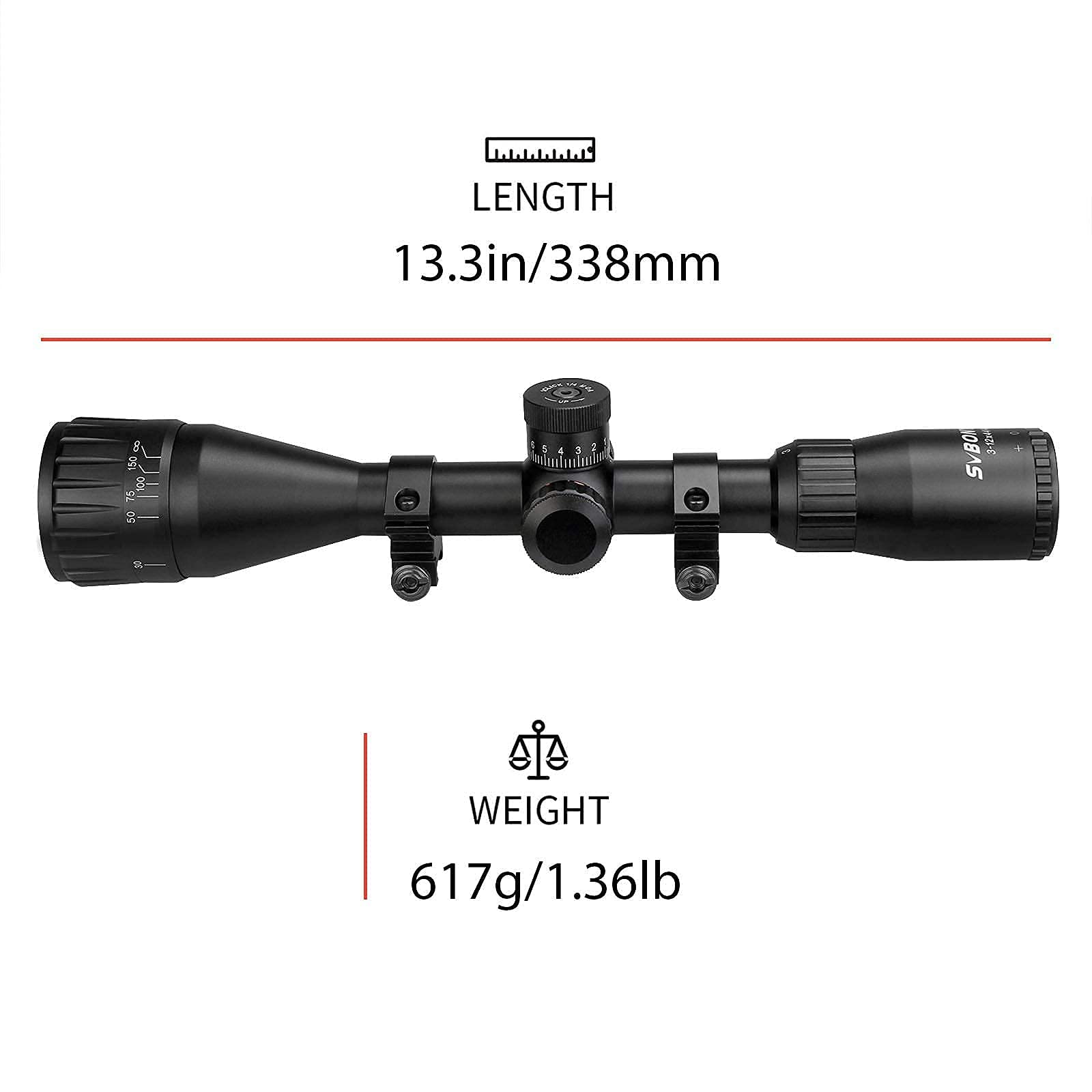 SVBONY SV177 Hunting Rifle Scope 3-12x44, Rifle Scopes for Long Range Shooting, with Front AO Adjustment, Illuminated Mil-dot Reticle Rifle Scope, with 3 Inches Sunshade