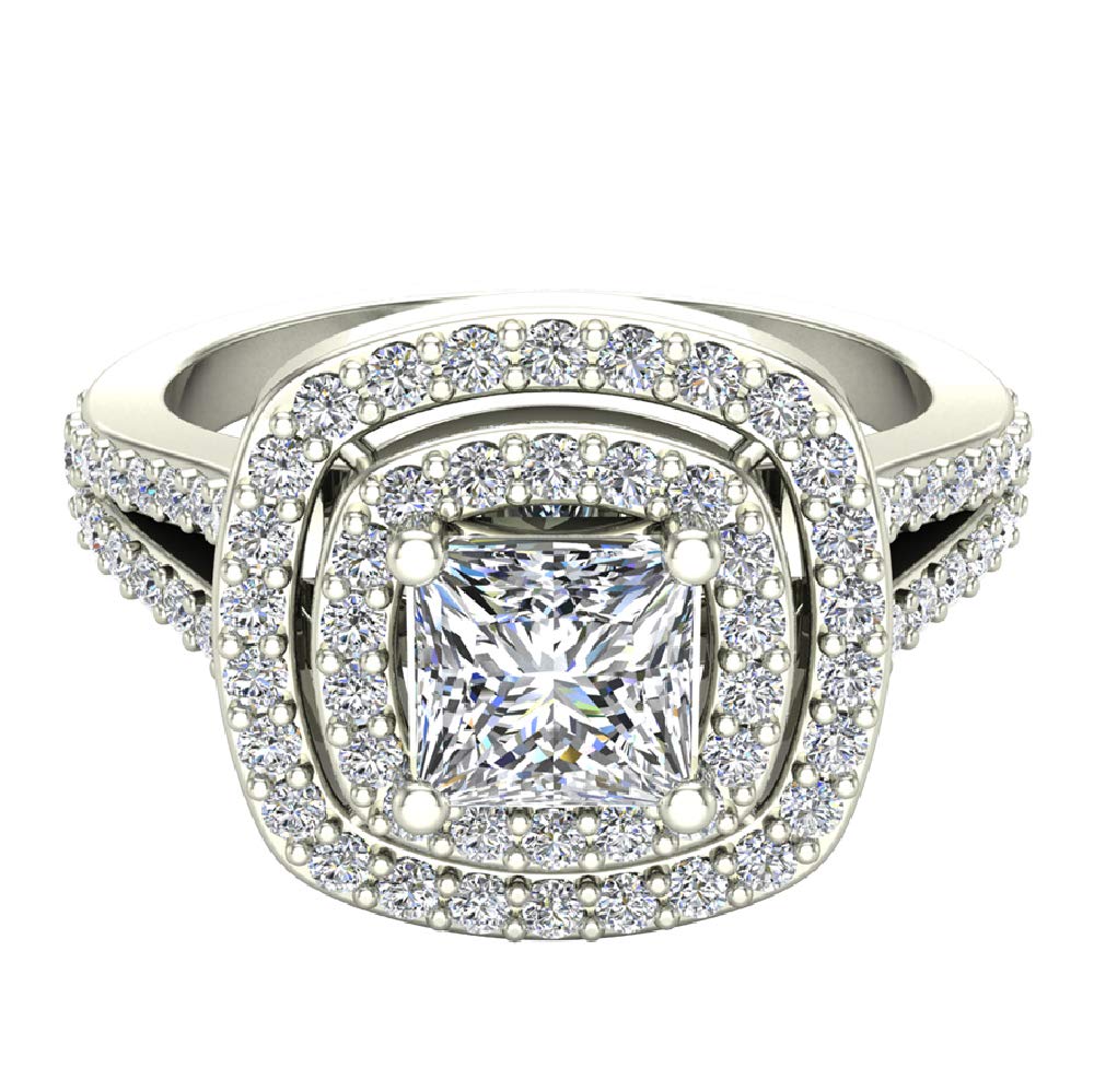 Princess Cut Diamond Cushion Style Double Halo V Shank Engagement Ring 1.50 Carat Total Weight 14K White Gold (G,I1) (RS 6.5)
