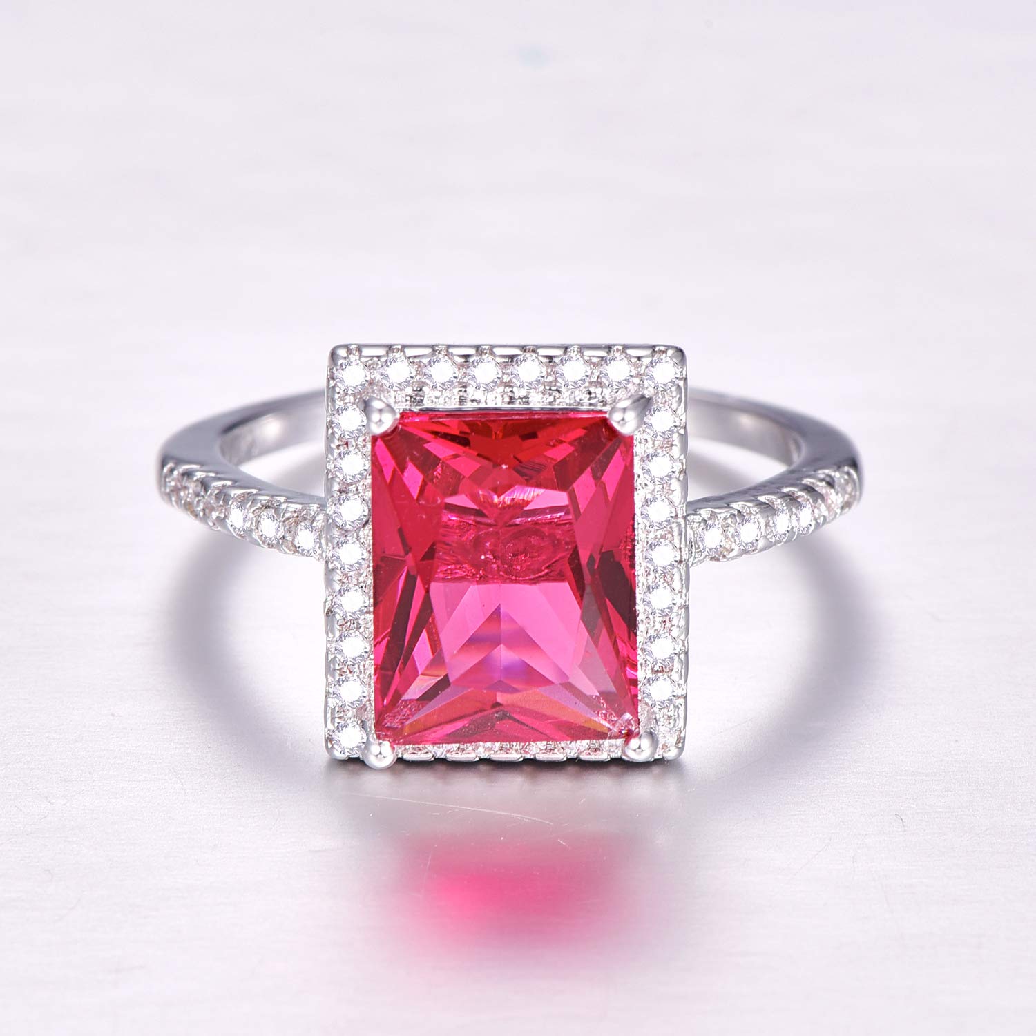 Psiroy 925 Sterling Silver Plated Simulated Ruby Spinel Classic Emerald Cut Halo Engagement Ring for Women Size 9