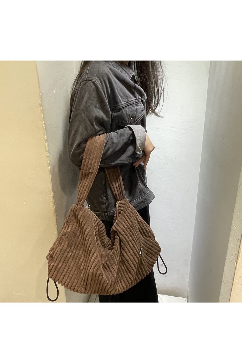 Ulisty Women Corduroy Large Capacity Shoulder Bag Wide Strap Hobo Bag Casual Underarm Bag Handbag black