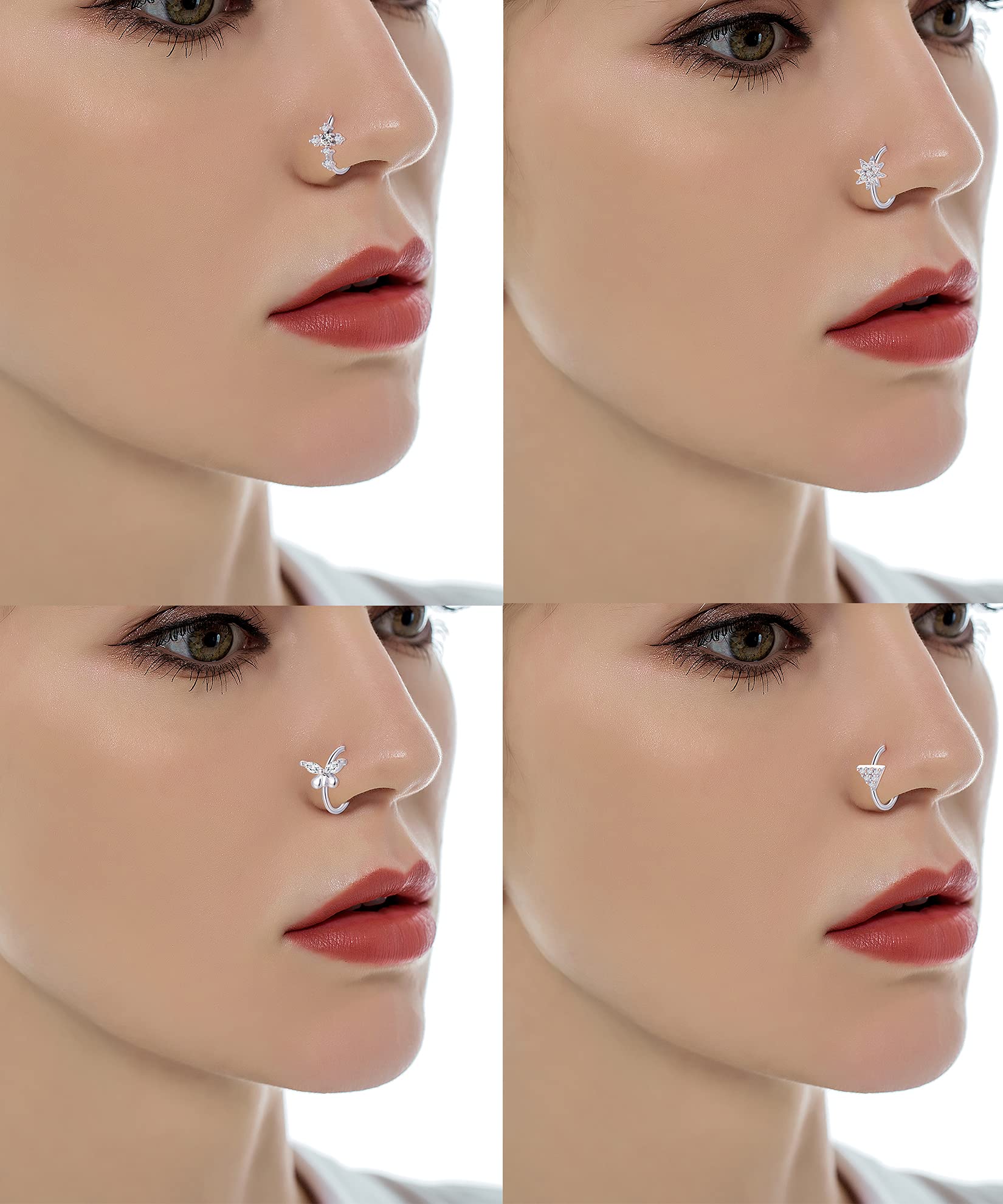 Tornito 8Pcs Nose Ring Hoop Paved Flower Butterfly Star Triangle Moon CZ Cartilage Earrings Nose Piercing Jewelry for Women Men Silver Rose Gold Tone 20G