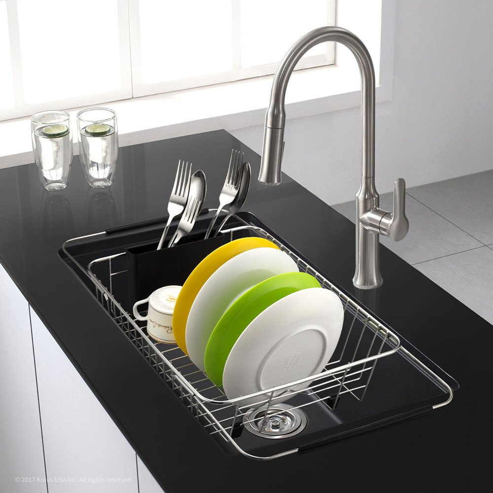 SANNO Expandable Dish Drying Rack Over The Sink Dish Drainer Kitchen Sink Grate Sink Protector for Kitchen Sink, Stainless Steel