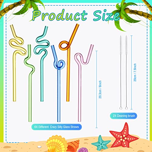 Yinkin 6 Pcs Wavy Glass Straws Reusable Curved Straw Shatter Resistant with 2 Cleaning Brushes Clear Silly High Borosilicate for Kids Adults Smoothies Juice (Colorful, 8 Inch)