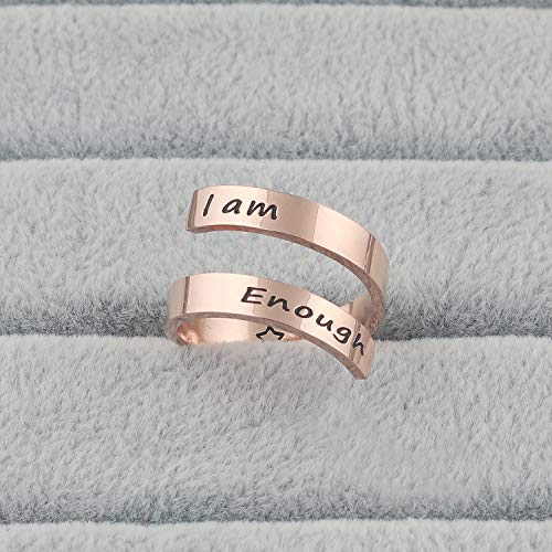 PARTNER Inspirational Ring Gift for Women Man Stainless Steel Engraved Personalized Birthday Graduation Gifts (I am enough - Rose gold)