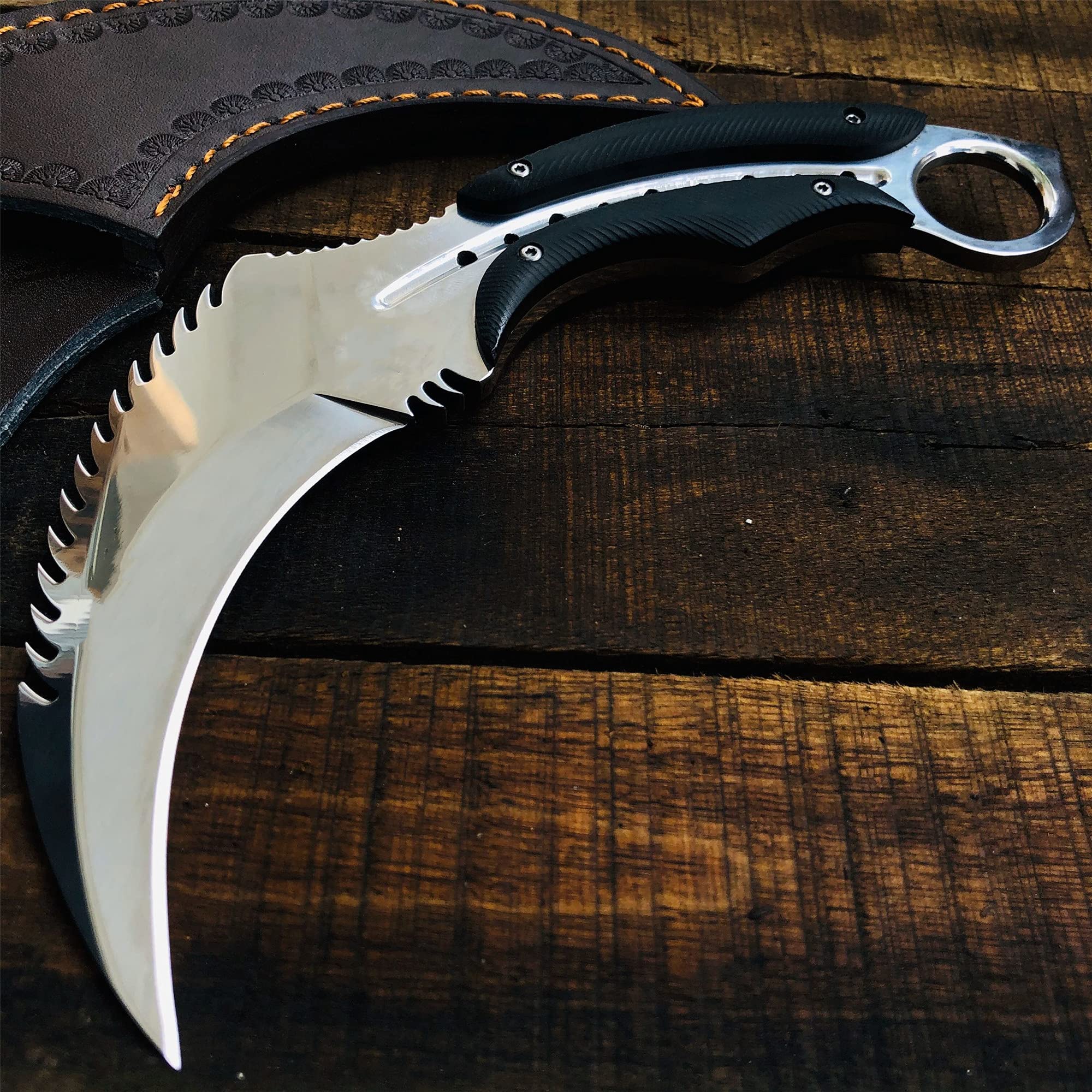 Rhinosteel Custom Eagle Beak Design Heavy Collect Gift Full Tang Karambit Knife D2 Steel Stonewash & Mirror Fixed Blade Outdoor Camping,Tactical ,Survival,Hunting Knives -Leather Sheath (Mirror)