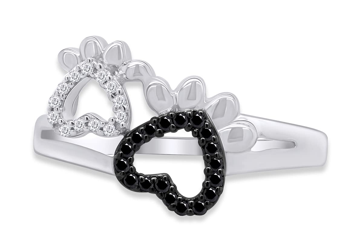 Round Cut White & Black Diamond Paw Print Promise Ring In 14K White Gold Over Sterling Silver (0.10 cttw) Ring Size-7