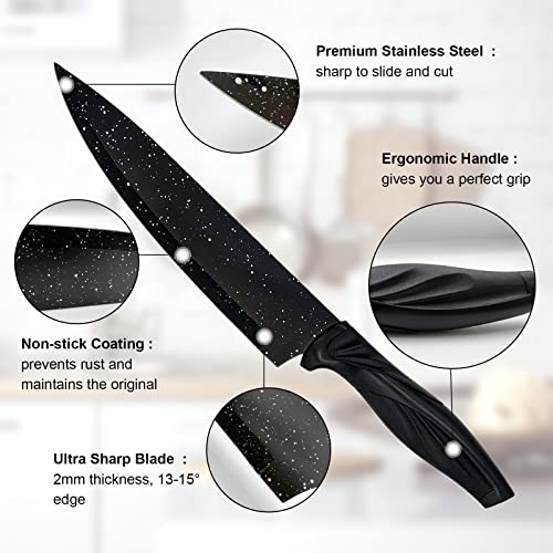 veluebay Kitchen Knife Set, Professional Stainless Steel Chef Knives with Ceramic Peeler and Gift Box, Black Cooking Knives for Slicing, Bread, Utility, Paring (6 Pcs)