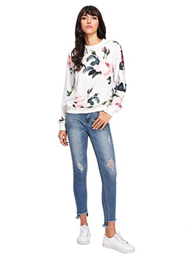 ROMWE Women's Casual Floral Print Long Sleeve Pullover Tops White L