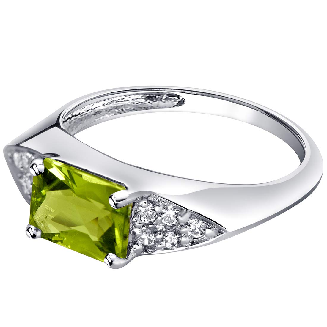 PEORA Peridot Statement Ring in Sterling Silver, Elegant Linear Design, Radiant Cut, 8x6mm, 1.50 Carats total, Comfort Fit, Size 7