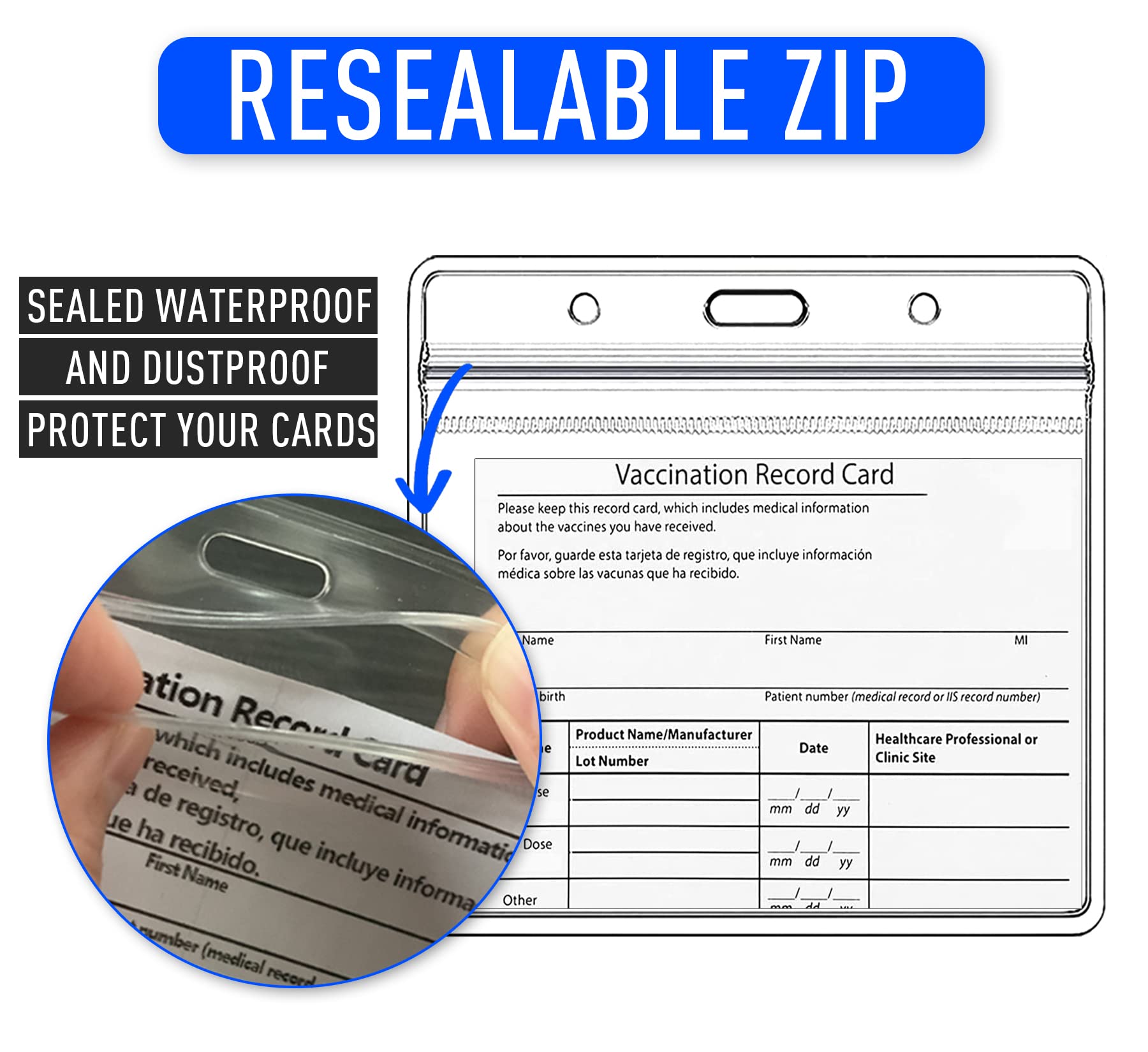Waterproof Vaccination Card Protector - Plastic ID Holder for Vax Card - Clear Plastic Card Sleeves with Hole Slots for Lanyards - Vax Document Holders with Resealable Zip, PVC - 4.5"x3.6" (10 Pack)