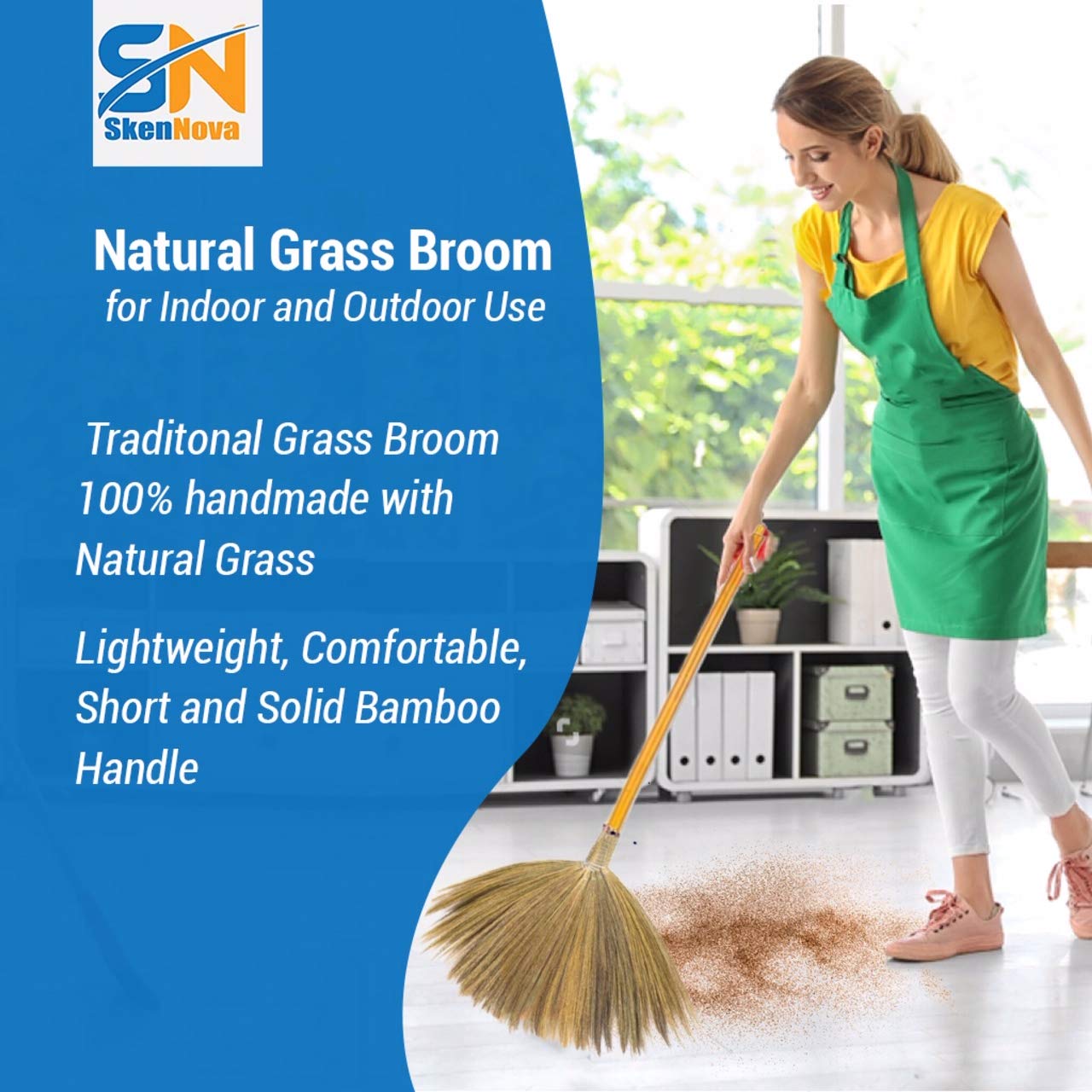 SKENNOVA - Set of Loincloth Fabric Broom Bag & Thai Traditional Grass Broom Vintage Style with Bamboo Brown Handle & Hand Grip with Wire Length 40-41-inch x Width 20-24-inch