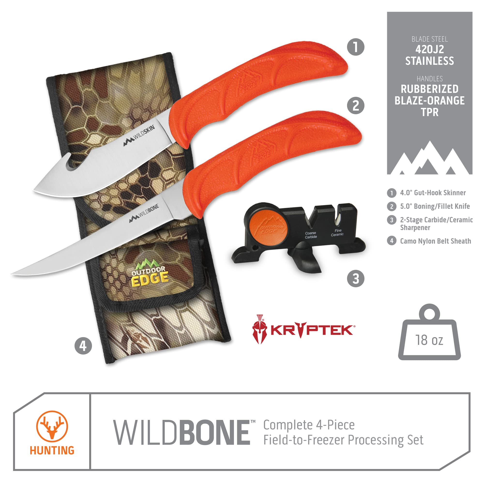 OUTDOOR EDGE WildBone, 4-Piece Hunting Knife Set, Field Dressing & Game Processing Knives - Gut-Hook Skinning & Boning/Fillet Knife, Carbine/Ceramic Sharpener, Camo Belt Scabbard - Deer & Elk