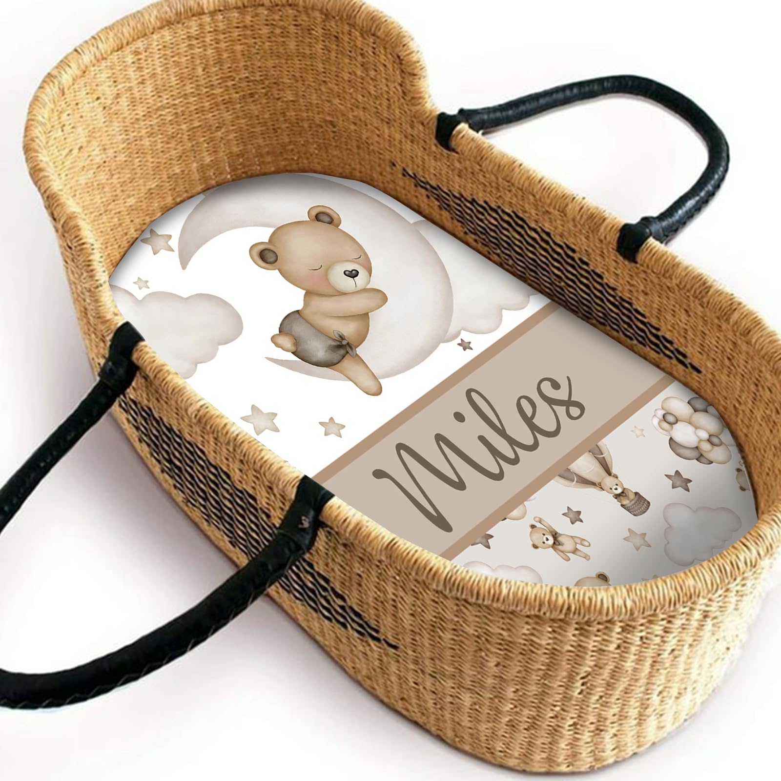 Personalized Bassinet Sheet Set 2 Pack for Baby, Custom Bassinet Mattress Sheets with Name, Universal Fitted for Various Cradle Mattress Pad, Blue & Brown Bear Bassinet Sheets for Boys (16" x 32")