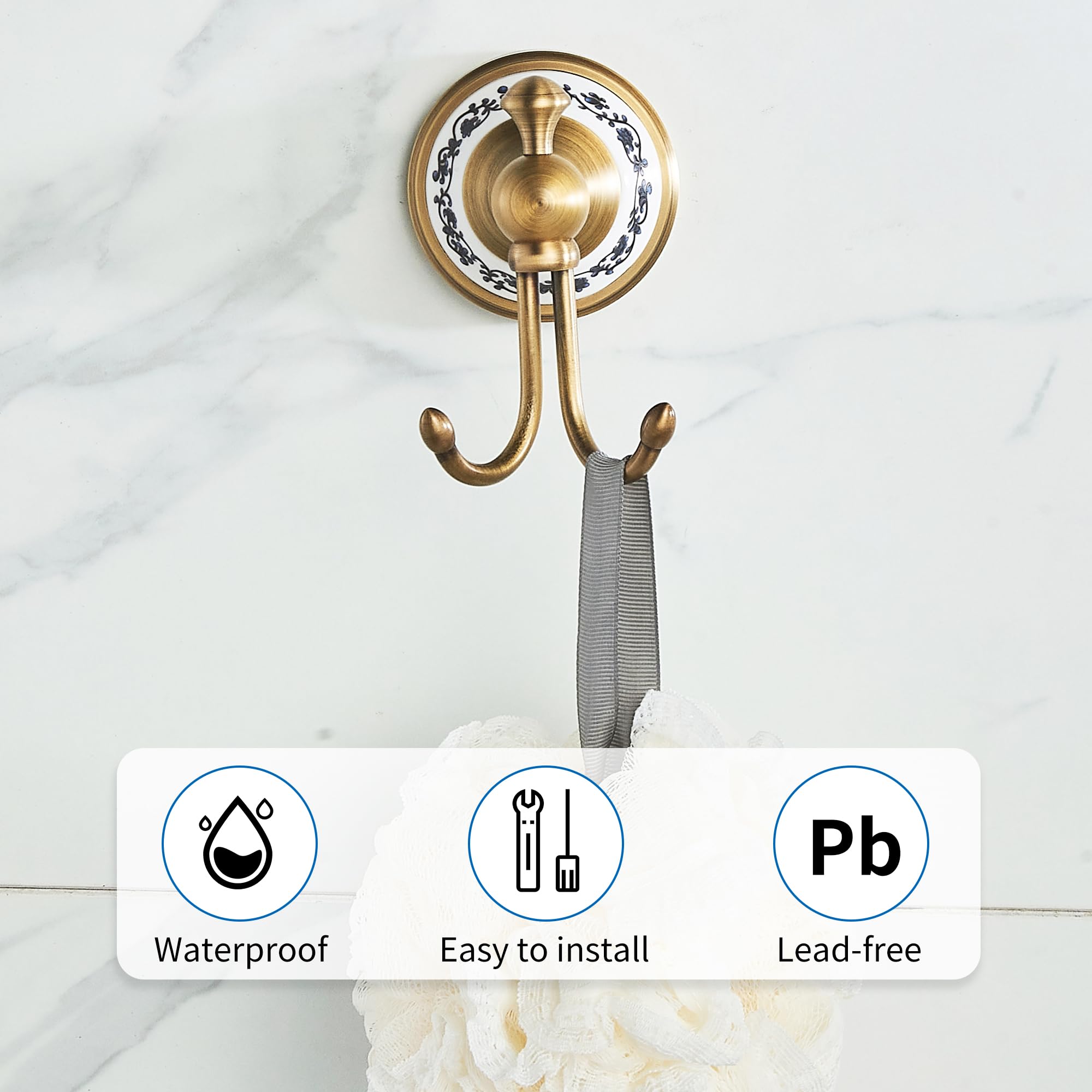 PEONYBATH Antique Bronze Brass Bath Towel Hooks, Wall Mounted Bathroom Hardware Accessories,Porcelain Design