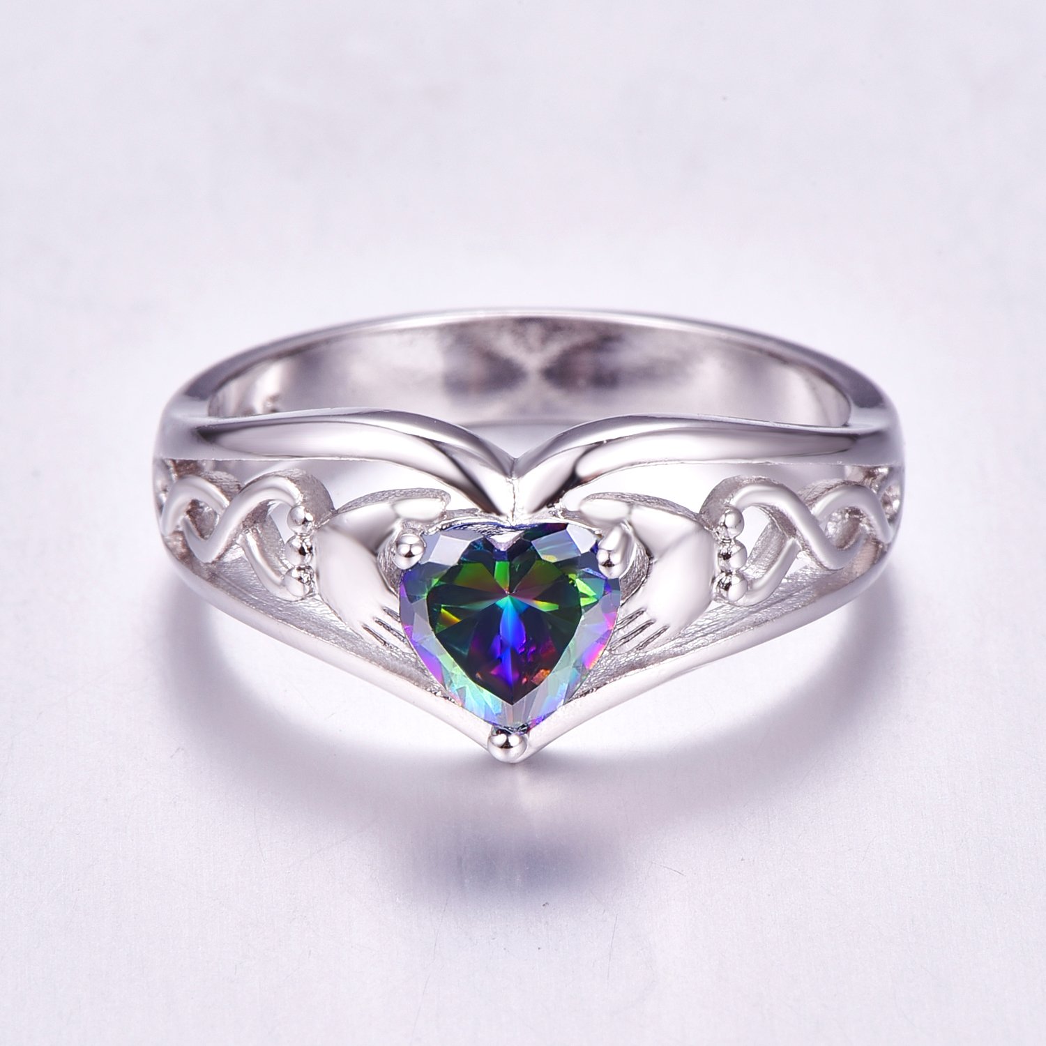 Psiroy 925 Sterling Silver Plated Created Rainbow Topaz Filled Claddagh Rings for Women Size 8