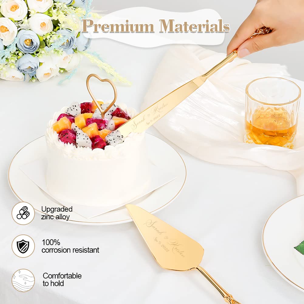 TUKDAK Wedding Cake Knife and Server Set, Personalized Gold Cake Cutting Set for Wedding, Engraved Classic Cake Knives Cutter Set, Pie Pastry Server, Birthday Bridal QuinceaƱera Gift (CUS-Crown)