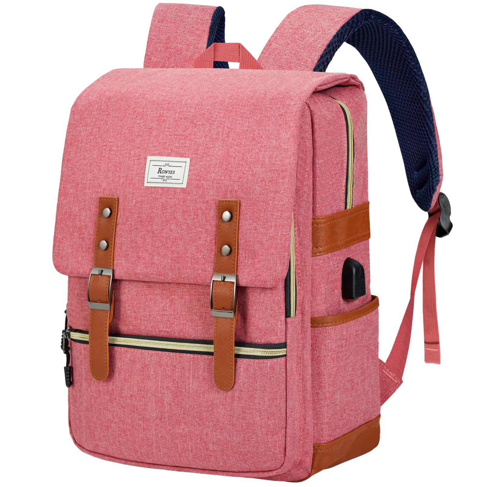 Ronyes Vintage Laptop Backpack for Women Men,15.6 inch Bookbag Casual Daypack with USB Charging Port for College Work, Pink Backpacks