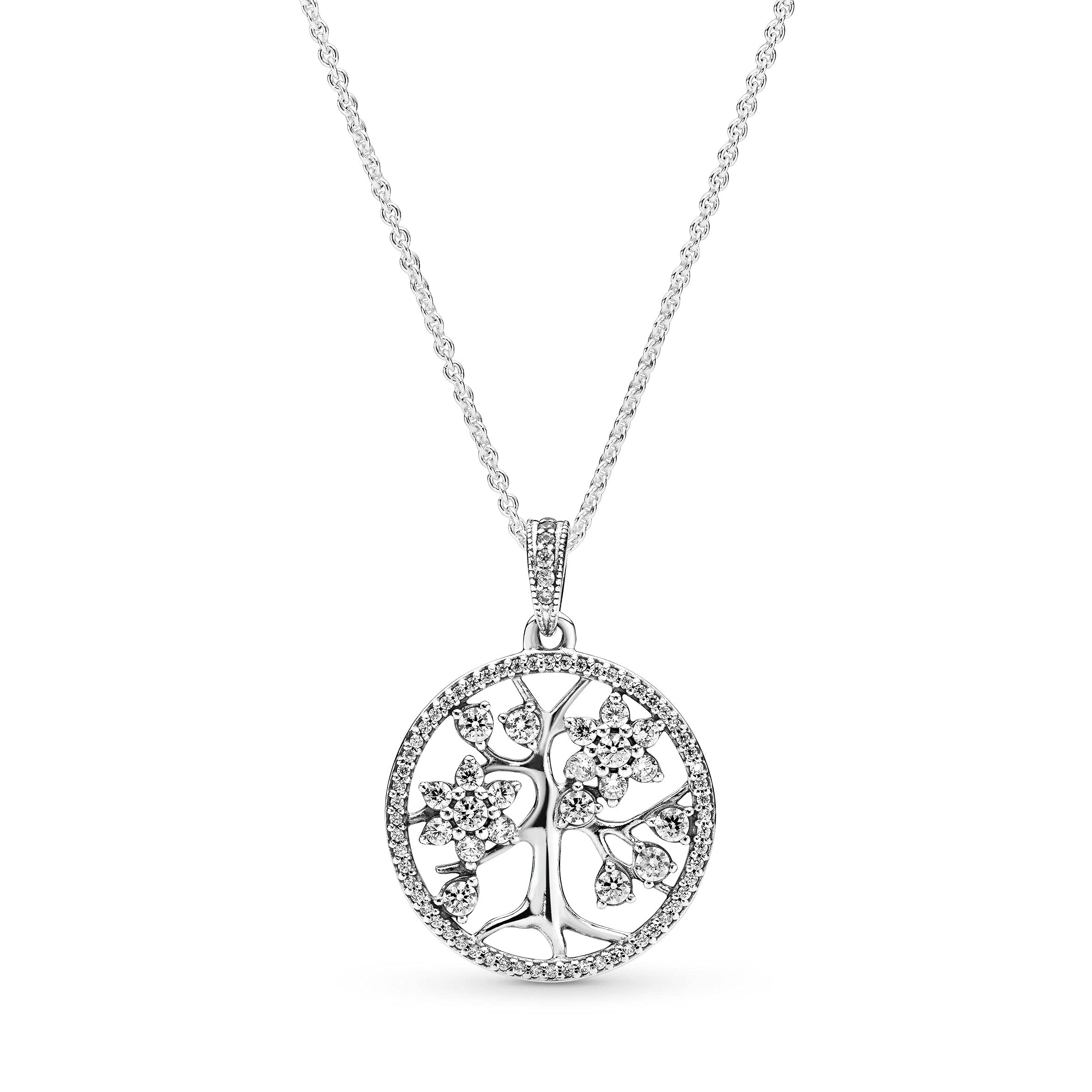 Pandora Jewelry Family Tree Hearts Cubic Zirconia Necklace in Sterling Silver, 31.5"