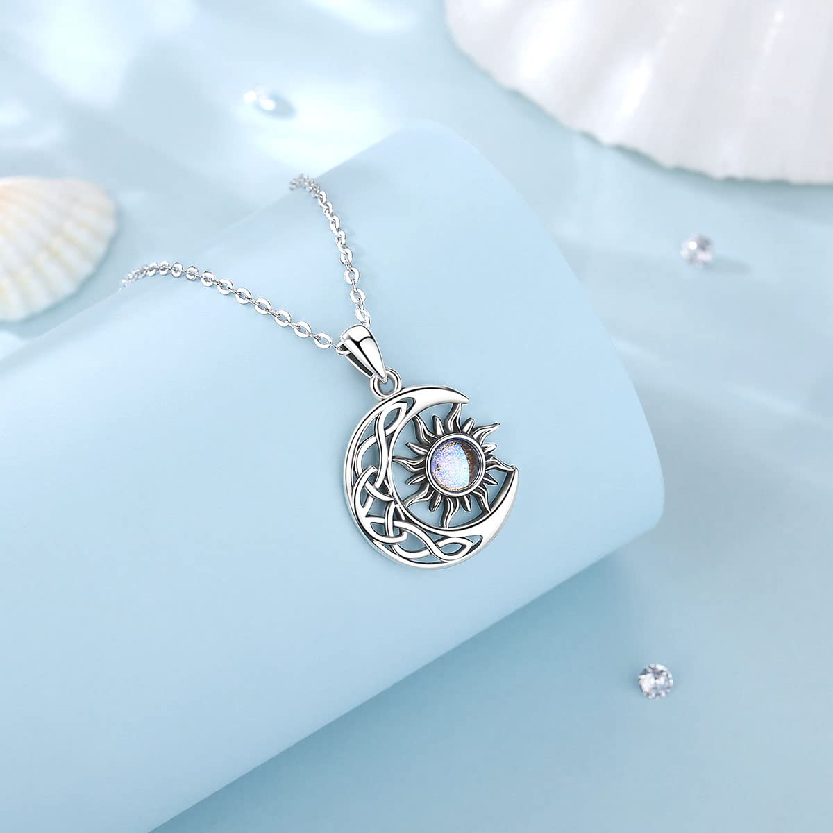 Vito Celtic Moon and Sun Necklace for Women, Sterling Silver Vintage Crescent Pendant Oxidized Moonstone Jewelry Gift for Wife, 18 Inch Chain