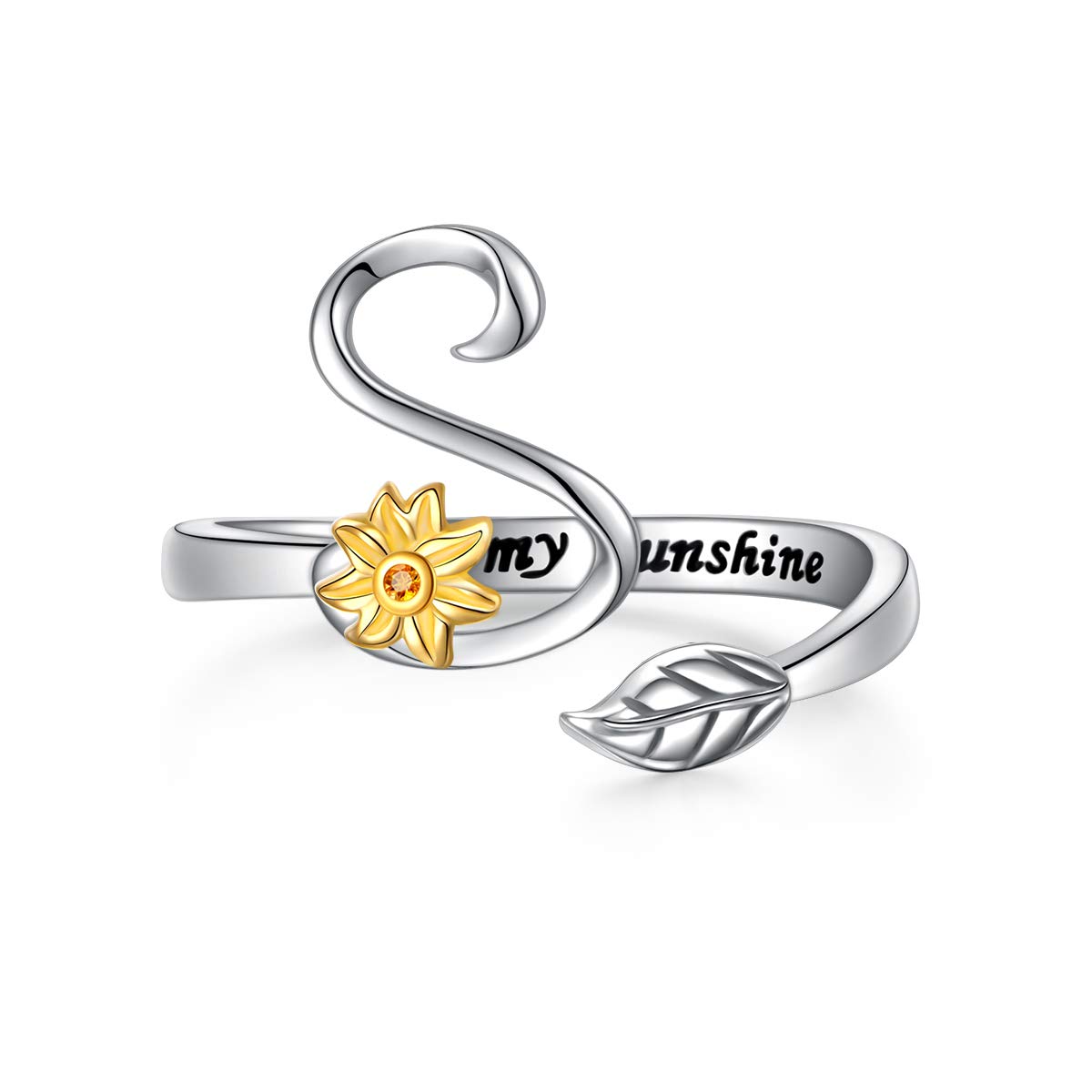 Sterling Silver Gold Tone Sunflower Initial 26 Letter Script Name Alphabet A Resizable Ring for Size 5-9