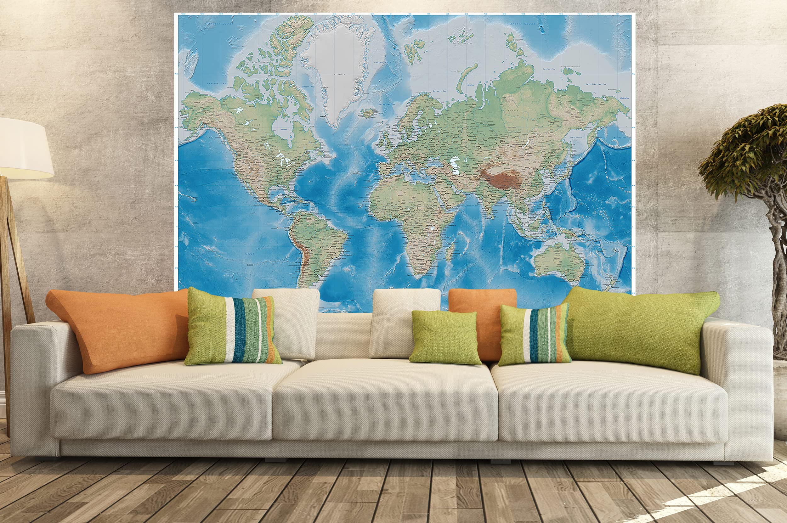 Photo Wallpaper β Modern World Map β Picture Decoration Miller Projection Plastically Relief Design Earth Atlas Globe Continents Image Decor Wall Mural (82.7x55.1in - 210x140cm)