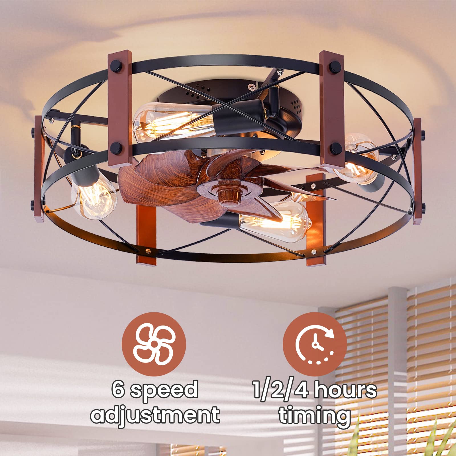 OUTFINE M4 Fandelier Ceiling Fan 20.5" with 4-Light DC Motor and 6 Speeds Reversible Remote Control Flush Mount Low Profile Indoor with 5 Blade for Living Room, Bedroom