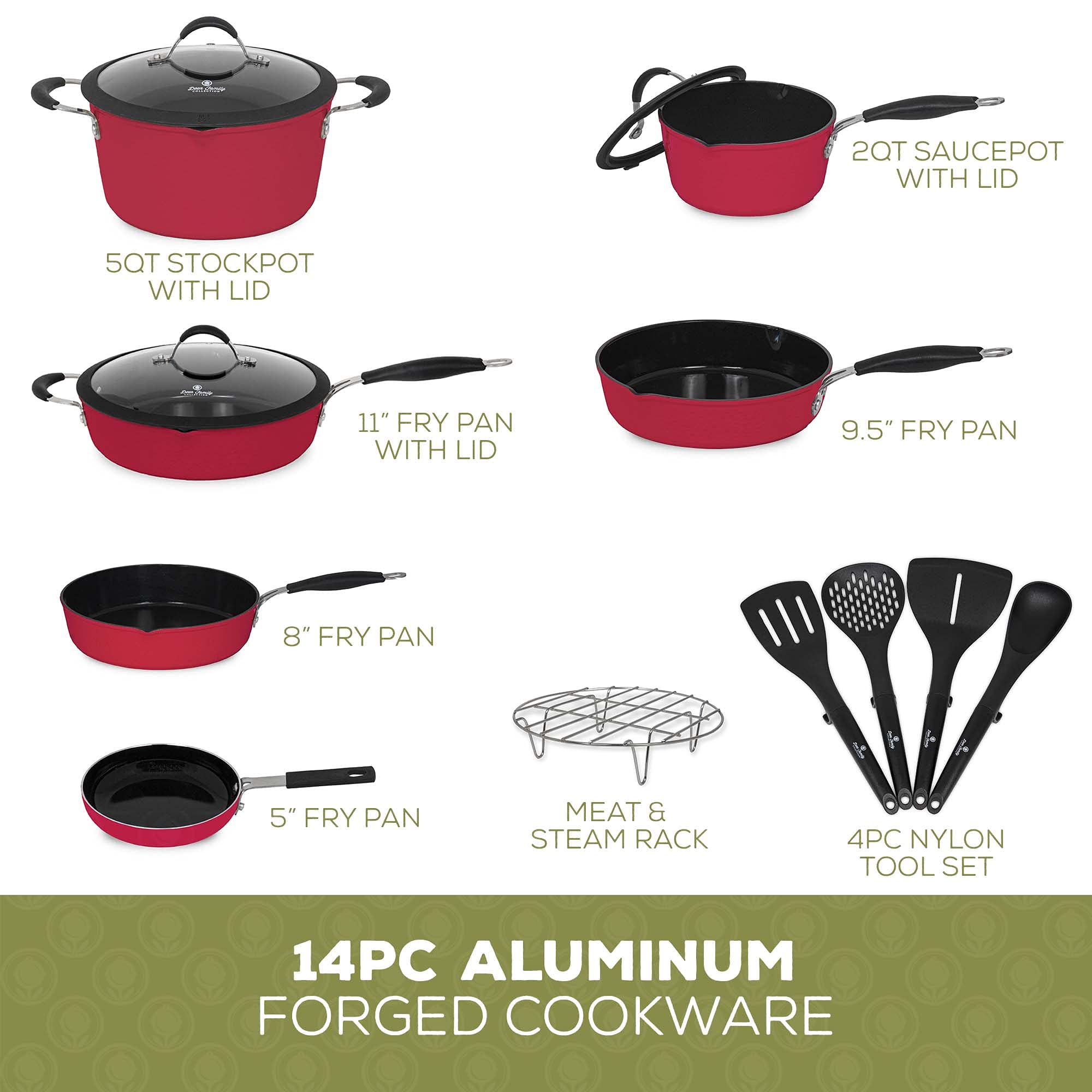 Paula Deen Family 14-Piece Ceramic, Non-Stick Cookware Set, 100% PFOA-Free and Induction Ready, Features Stay-Cool Handles, Dual Pour Spouts and Kitchen Tools (Sea Glass)